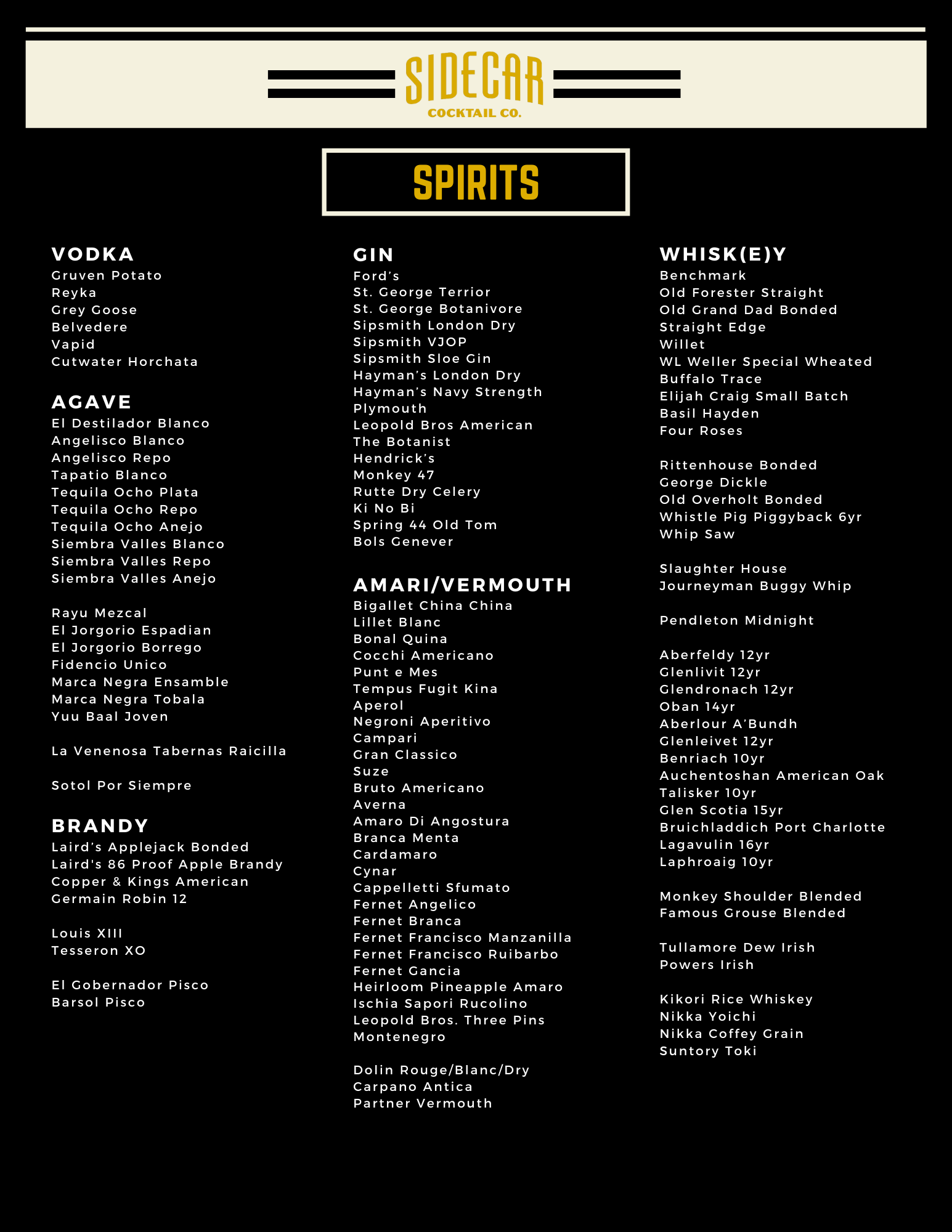 Beverage Menus — Sidecar Cocktail Co.
