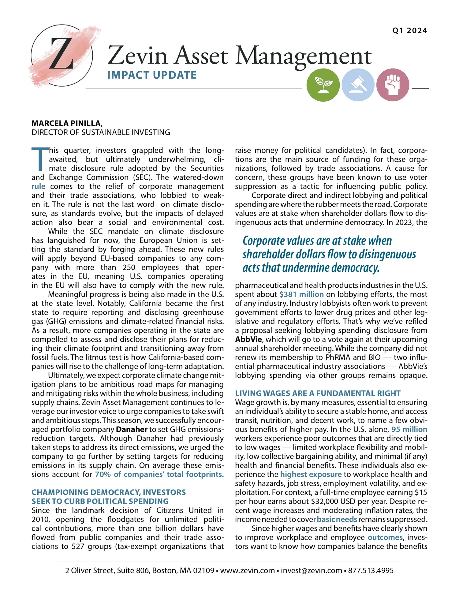 Q1 2024 Impact Update — Zevin Asset Management