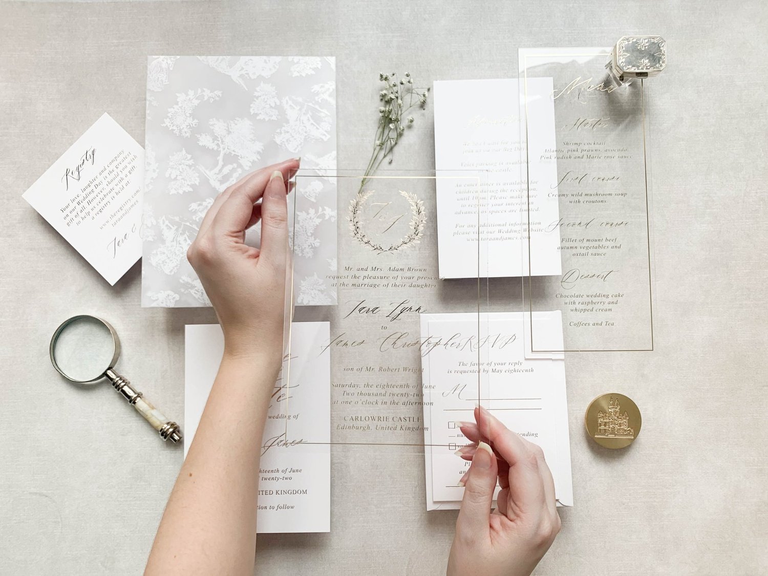 Luxury transparent acrylic wedding invitations | Lettering By GRG