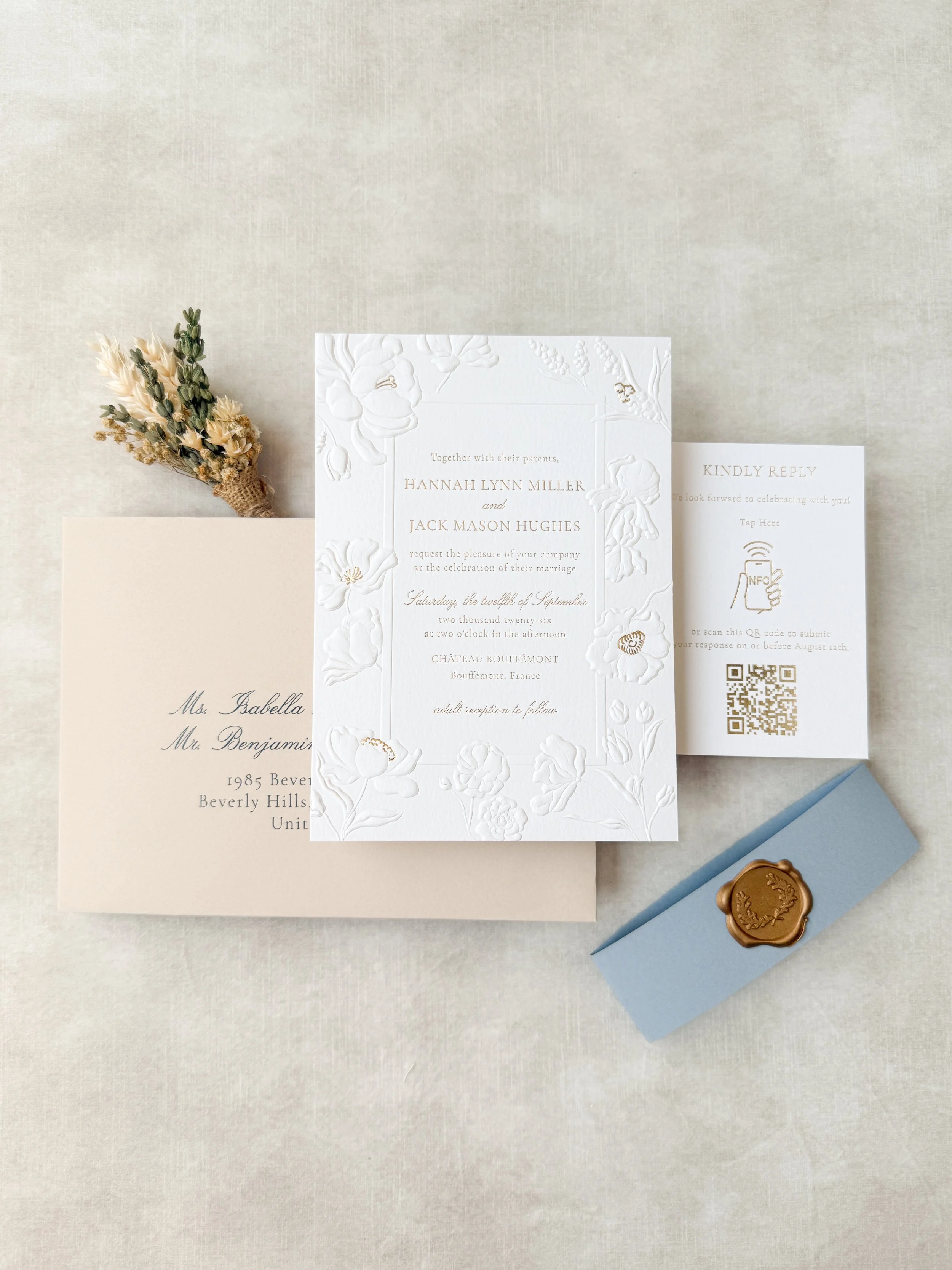Sculpted embossed wedding invitation — LETTERING BY GRG