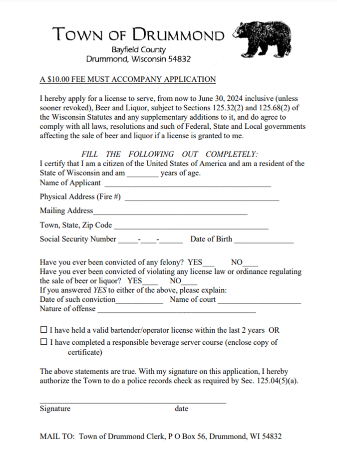 Bartender License Requirements & Application — Town of Drummond WI ...