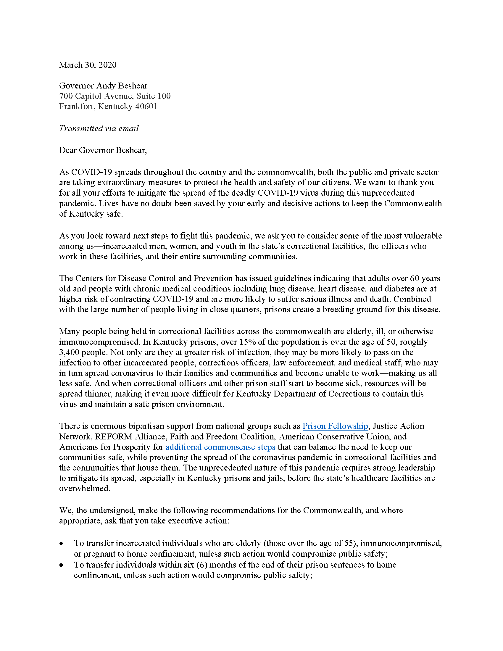 Coalition Letter to Governor Beshear — Justice Action Network