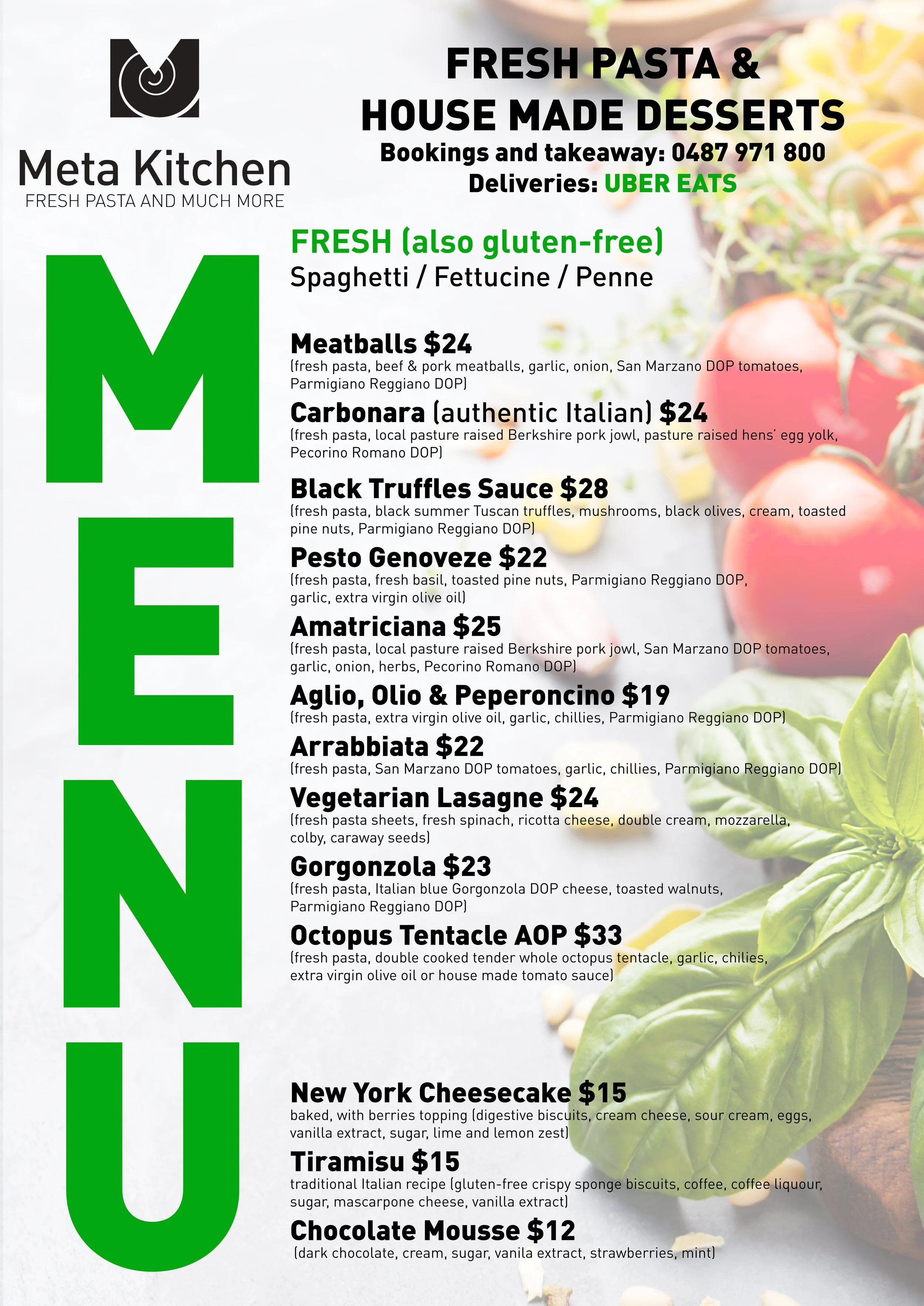Fresh Pasta & Deserts Menu — Meta Kitchen