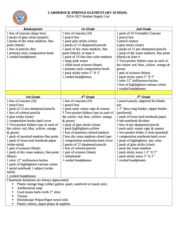 School Supply Lists — CSES PTA