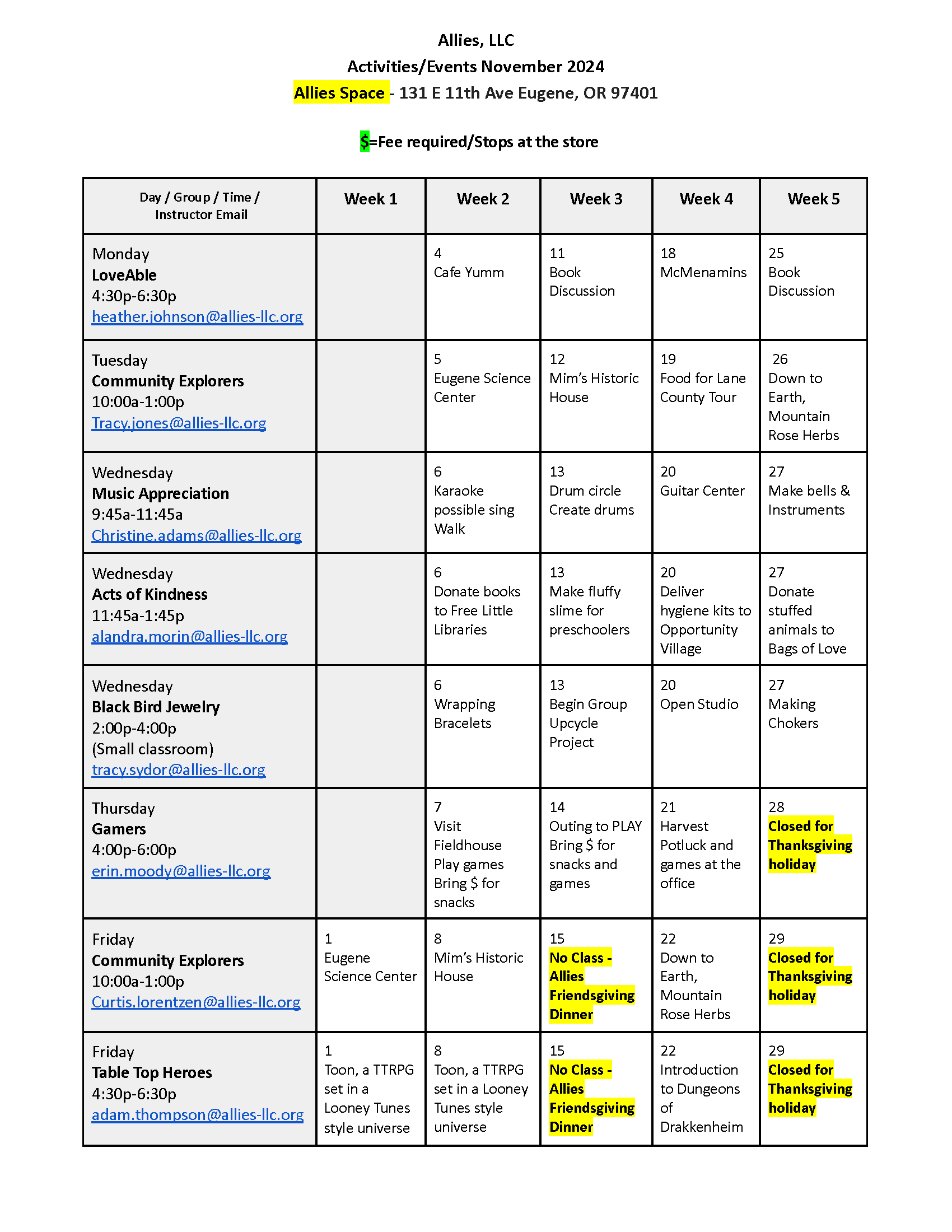 DSA Program Schedule (Eugene) — Allies, LLC