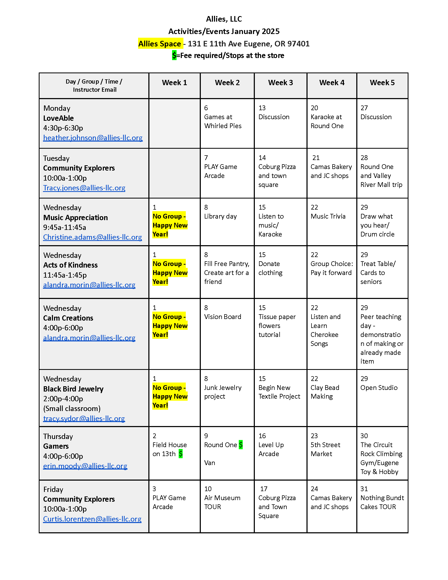 DSA Program Schedule (Eugene) — Allies, LLC