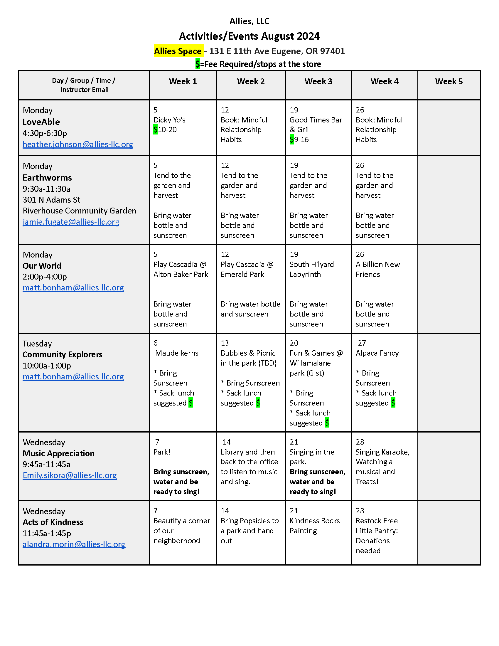 DSA Program Schedule (Eugene) — Allies, LLC
