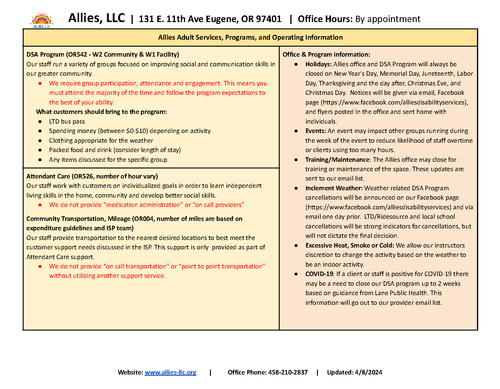 DSA Program Schedule (Eugene) — Allies, LLC