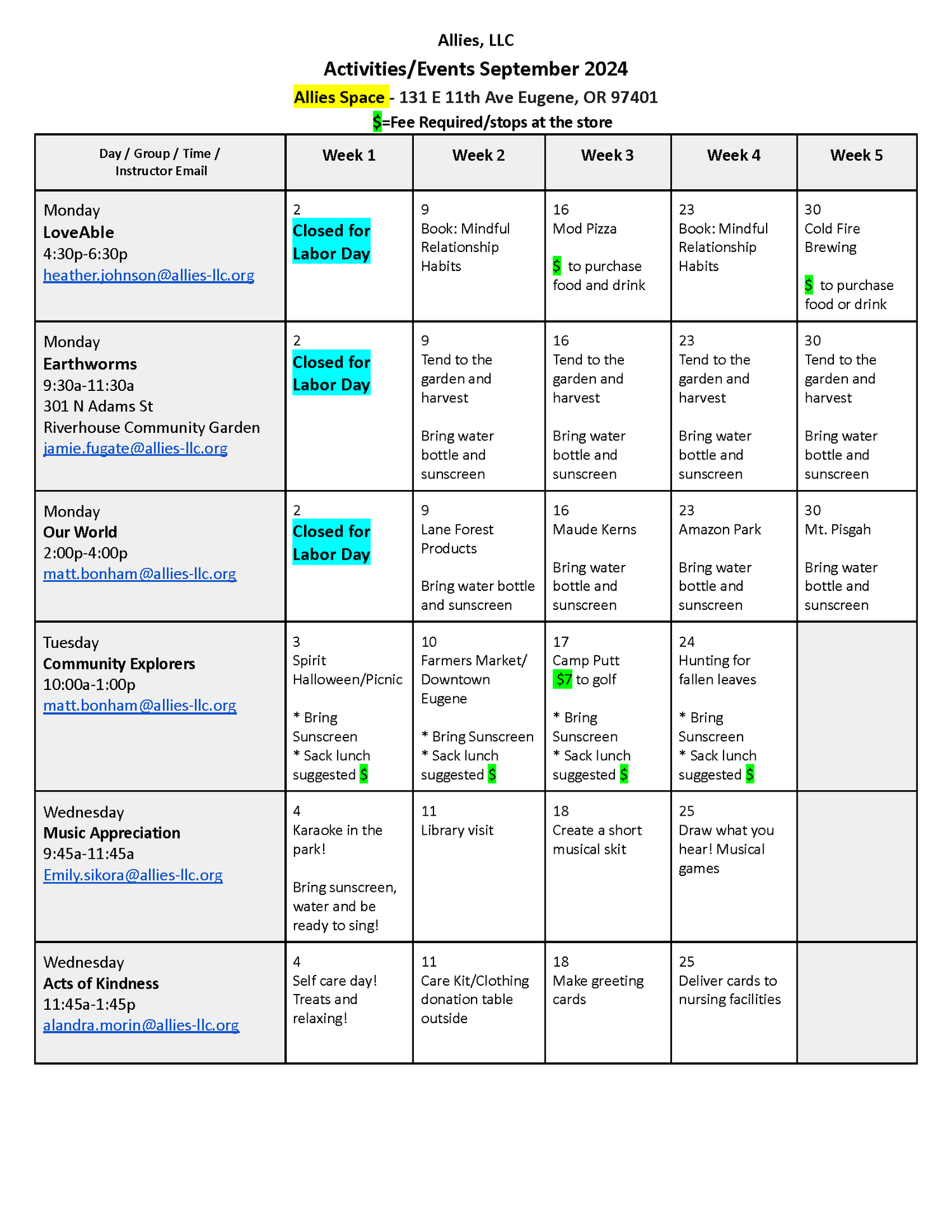 DSA Program Schedule (Eugene) — Allies, LLC