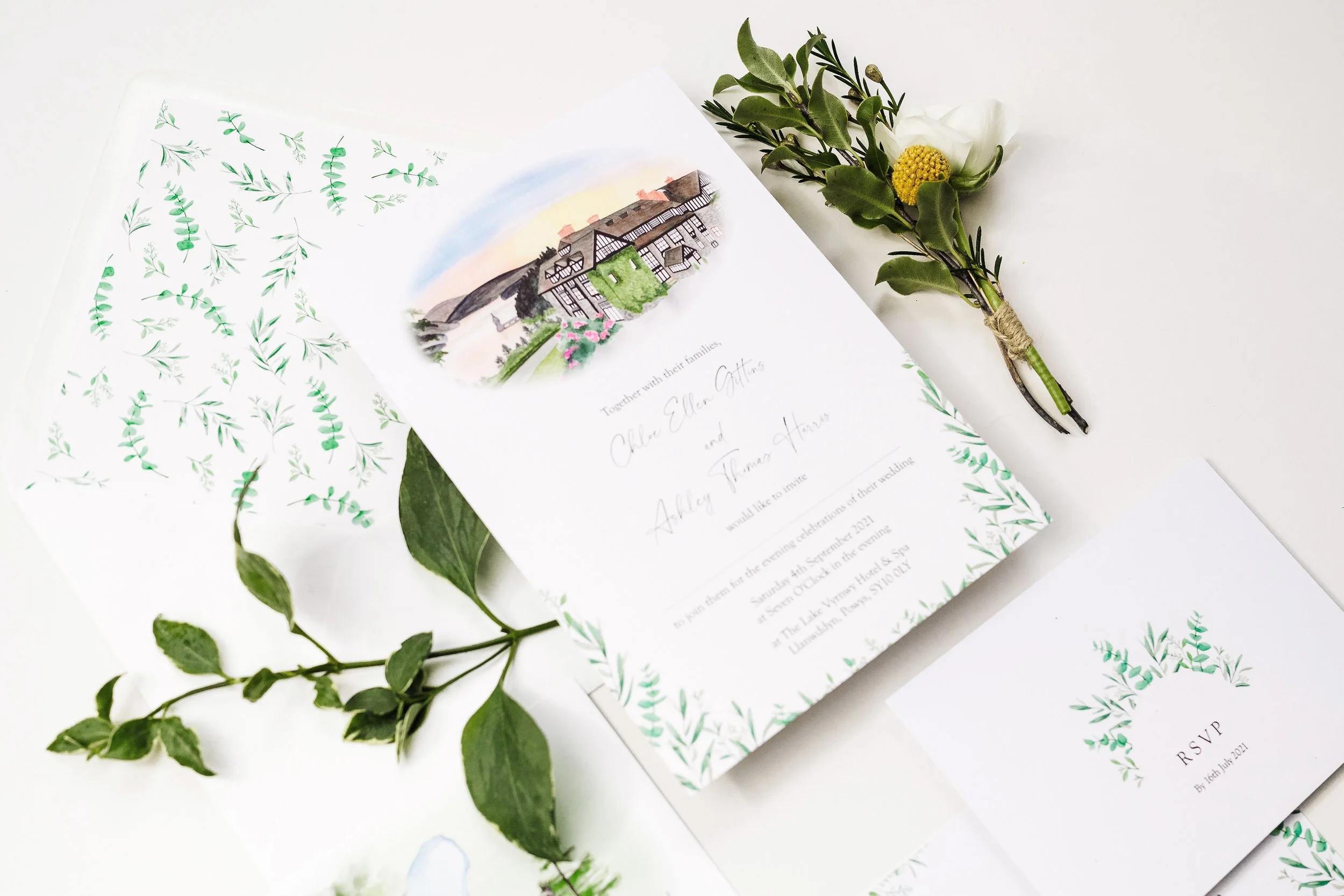 Watercolour Wedding Venue invitations — Kate Hall Design