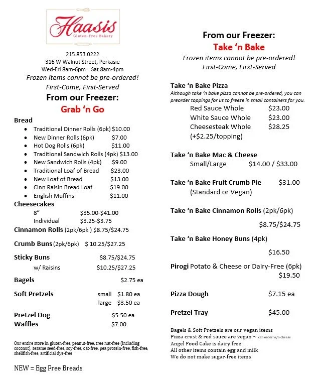 Grab 'n Go - Take 'n Bake Menu — Haasis Gluten Free Bakery