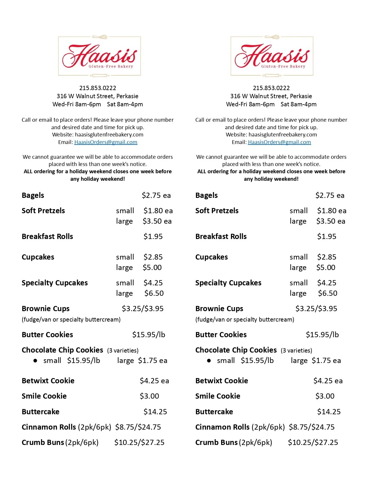 Regular Menu — Haasis Gluten Free Bakery
