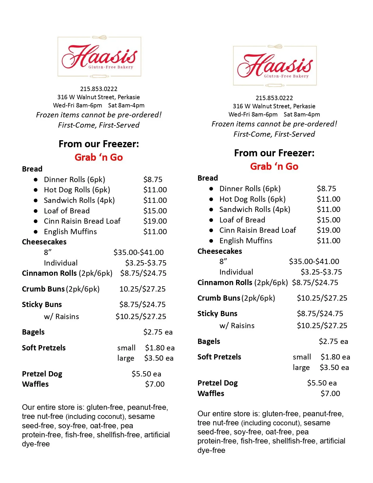 Grab 'n Go - Take 'n Bake Menu — Haasis Gluten Free Bakery