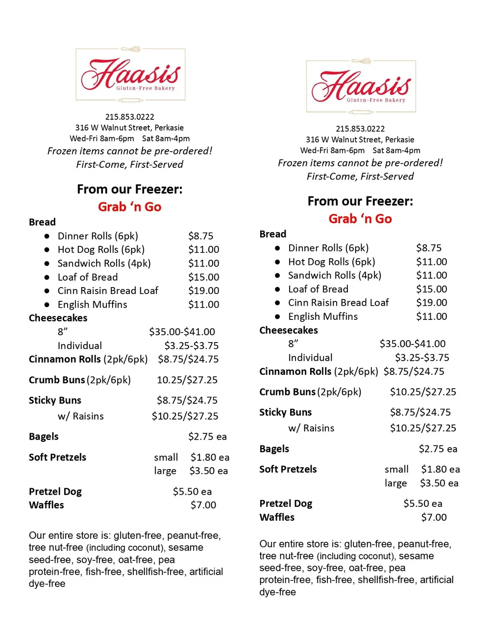 Grab 'n Go - Take 'n Bake Menu — Haasis Gluten Free Bakery