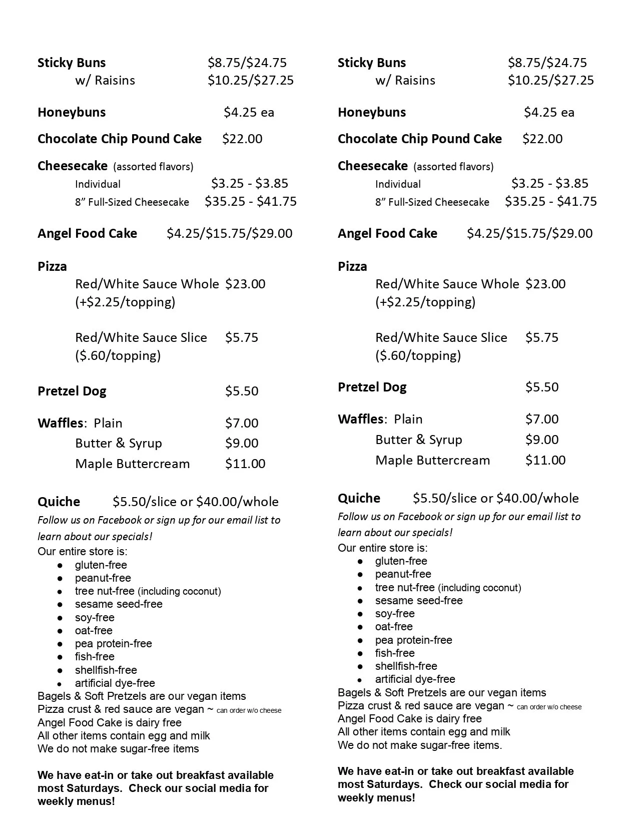Regular Menu — Haasis Gluten Free Bakery