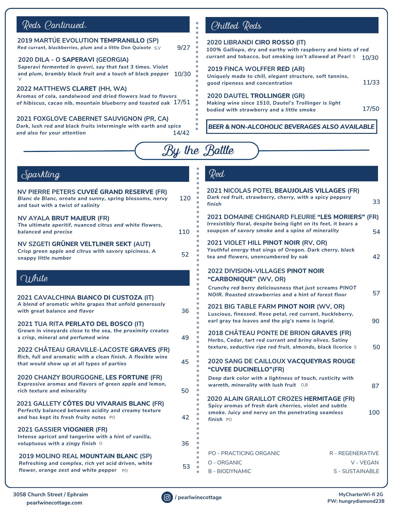 MENU — PEARL WINE COTTAGE