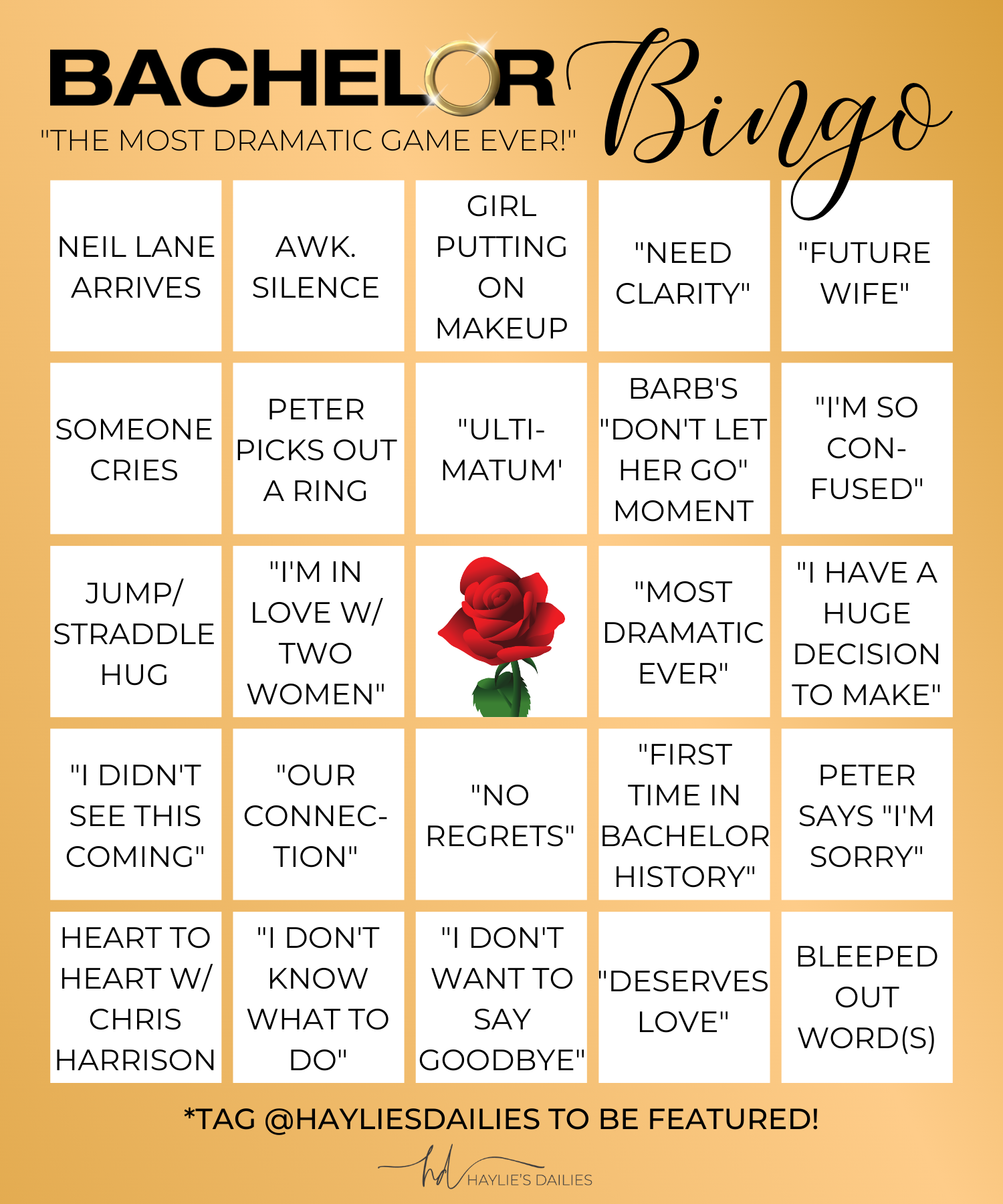 Printable Bachelor BINGO Cards For The Finale Of Peter Weber's Season ...