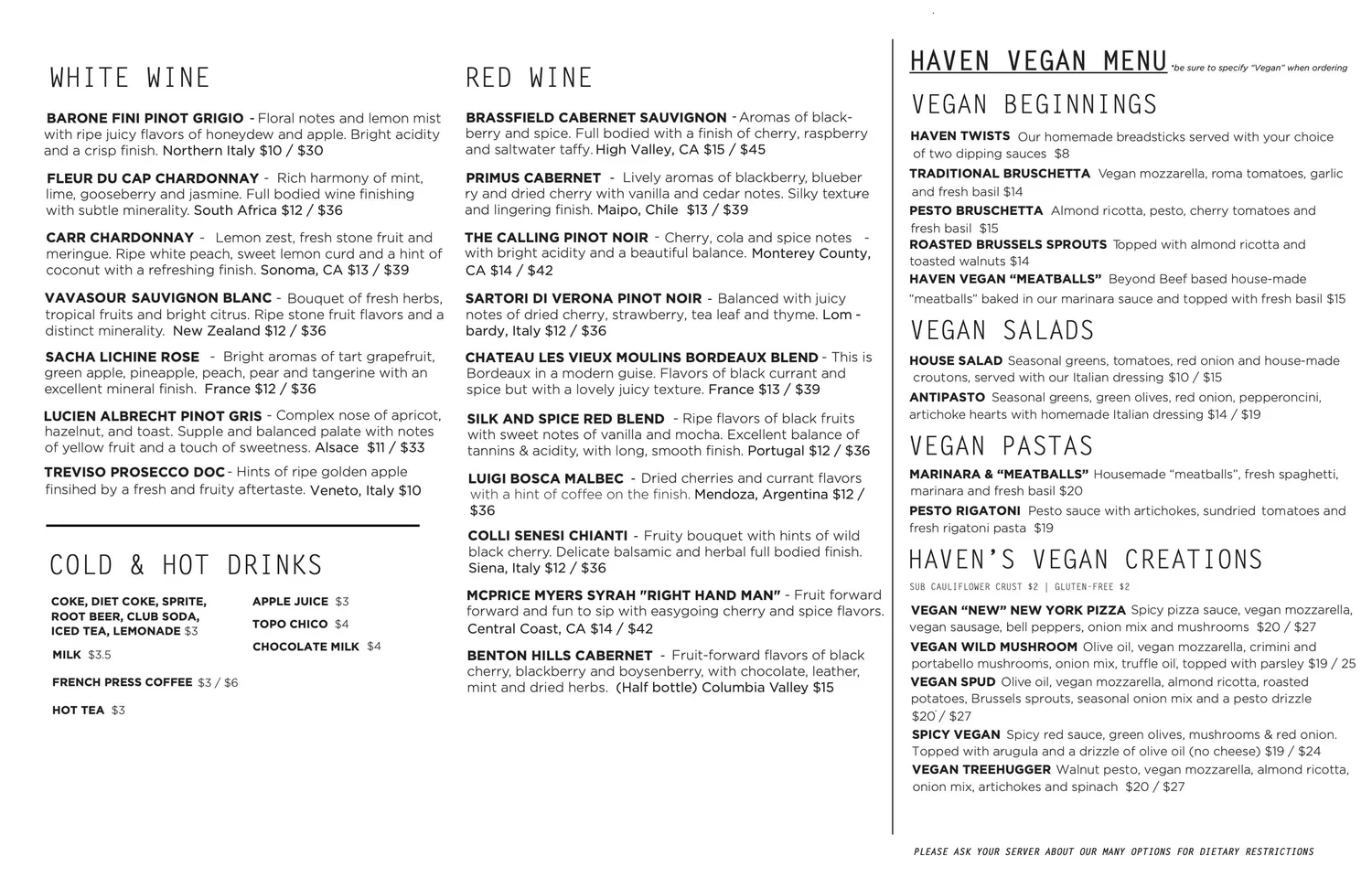Menu — The Haven Pizzeria