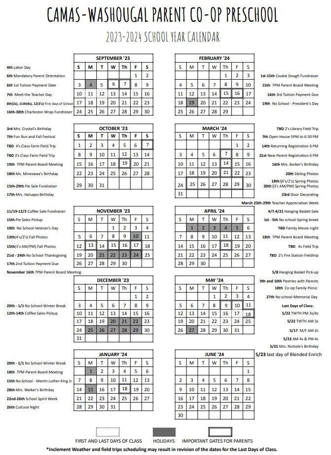 Calendar — Camas-Washougal Parent Co-Op Preschool
