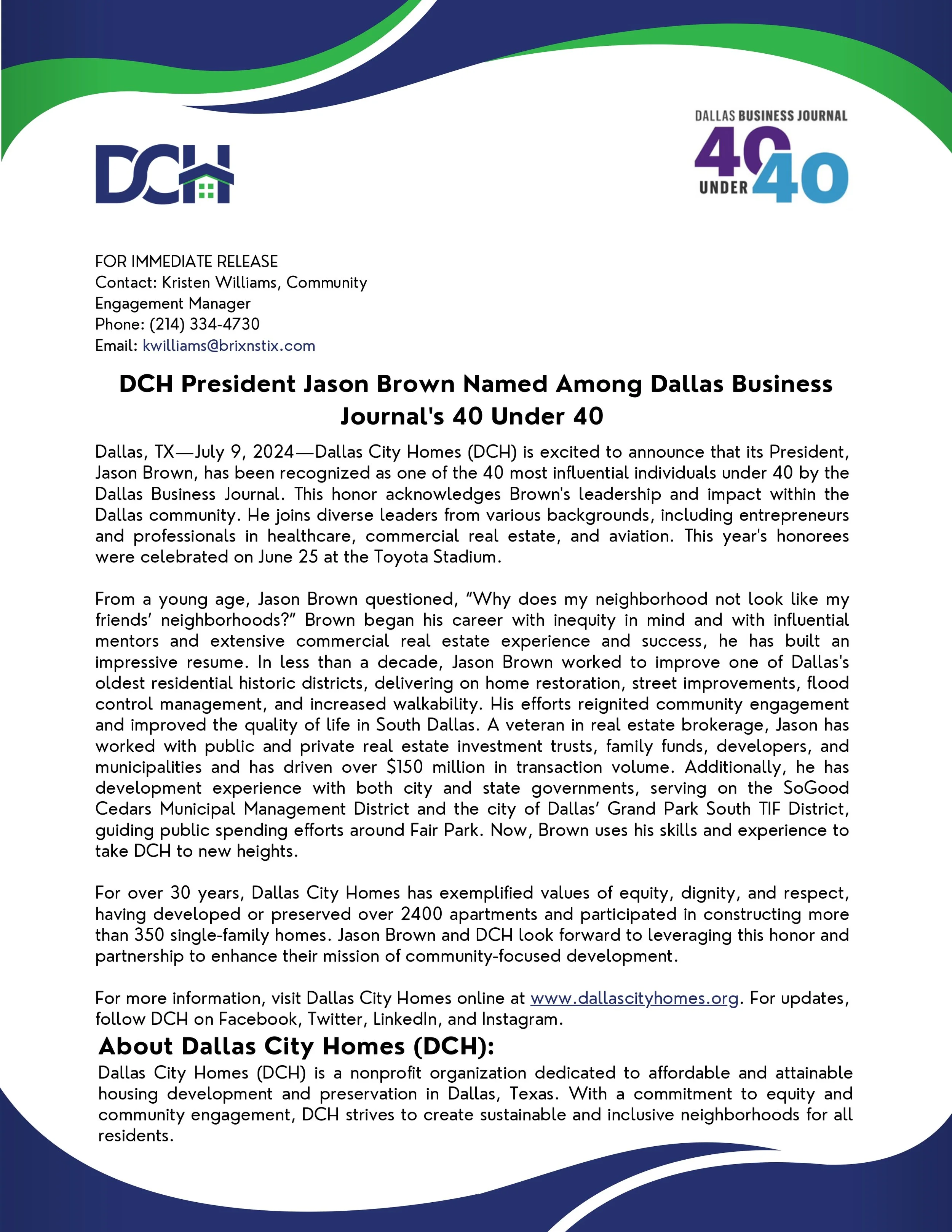 Jason Brown Named to Dallas 40 Under 40 | DCH — Dallas City Homes