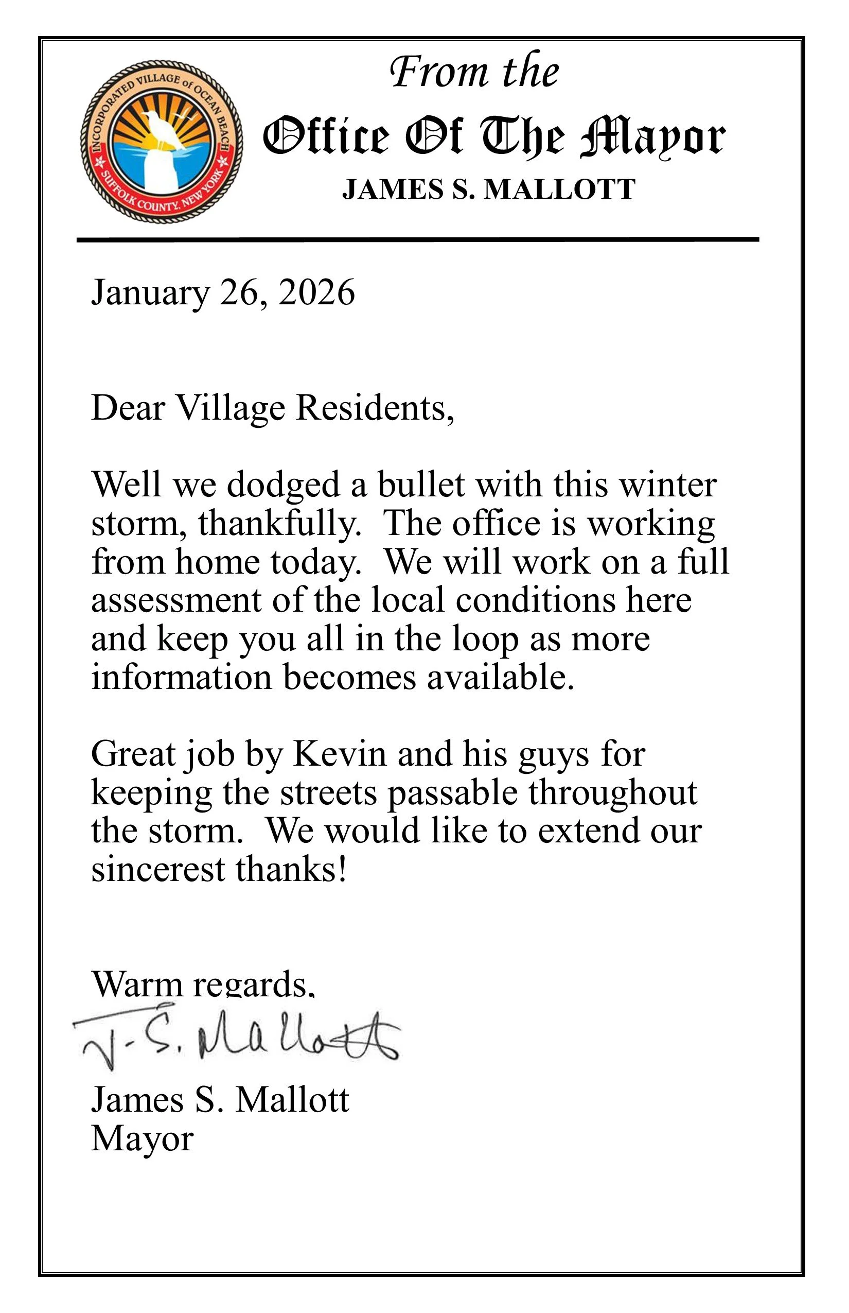 Message from the Mayor — Village of Ocean Beach