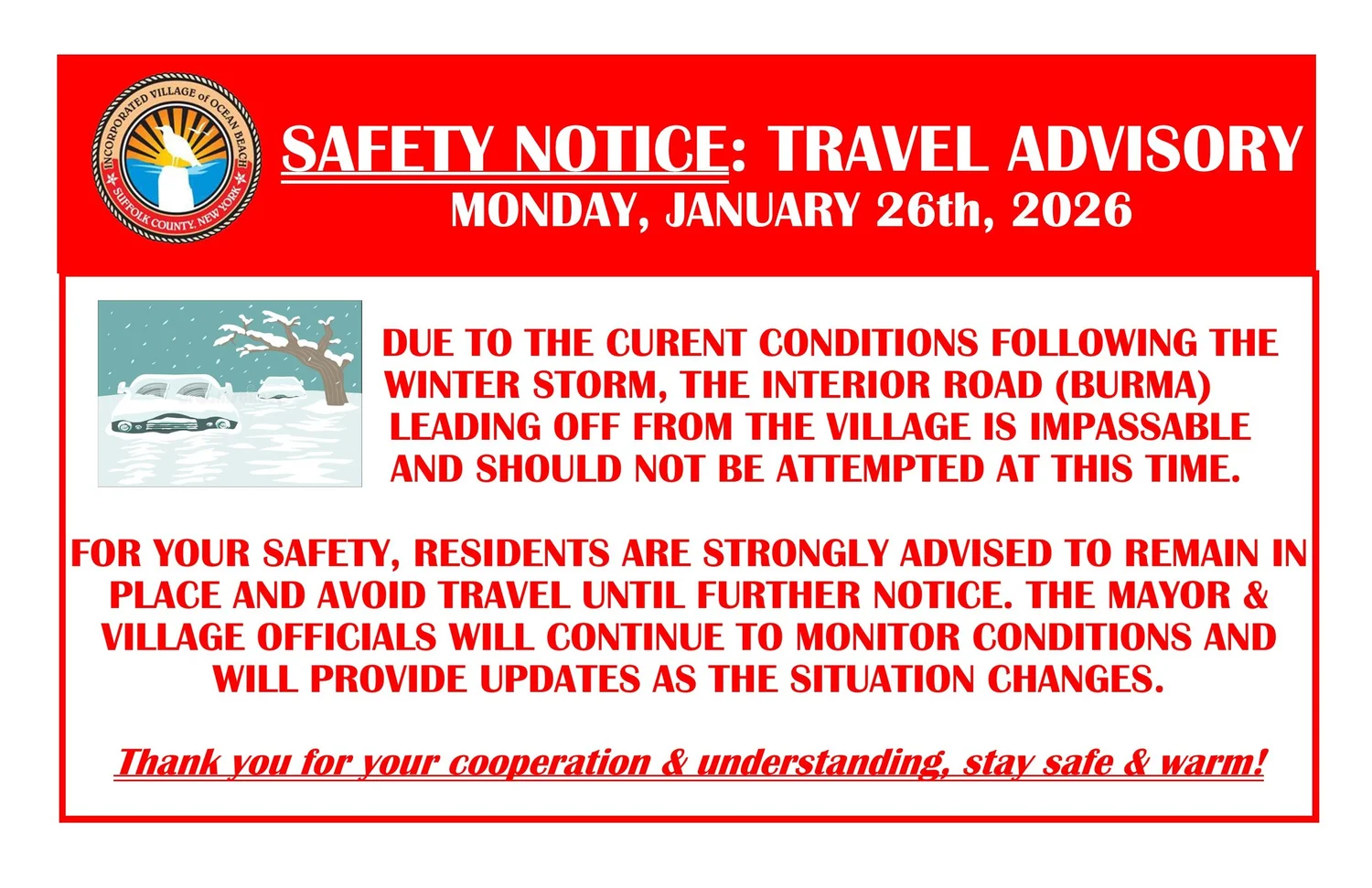 SAFETY NOTICE: TRAVEL ADVISORY 1/26/2026 — Village of Ocean Beach
