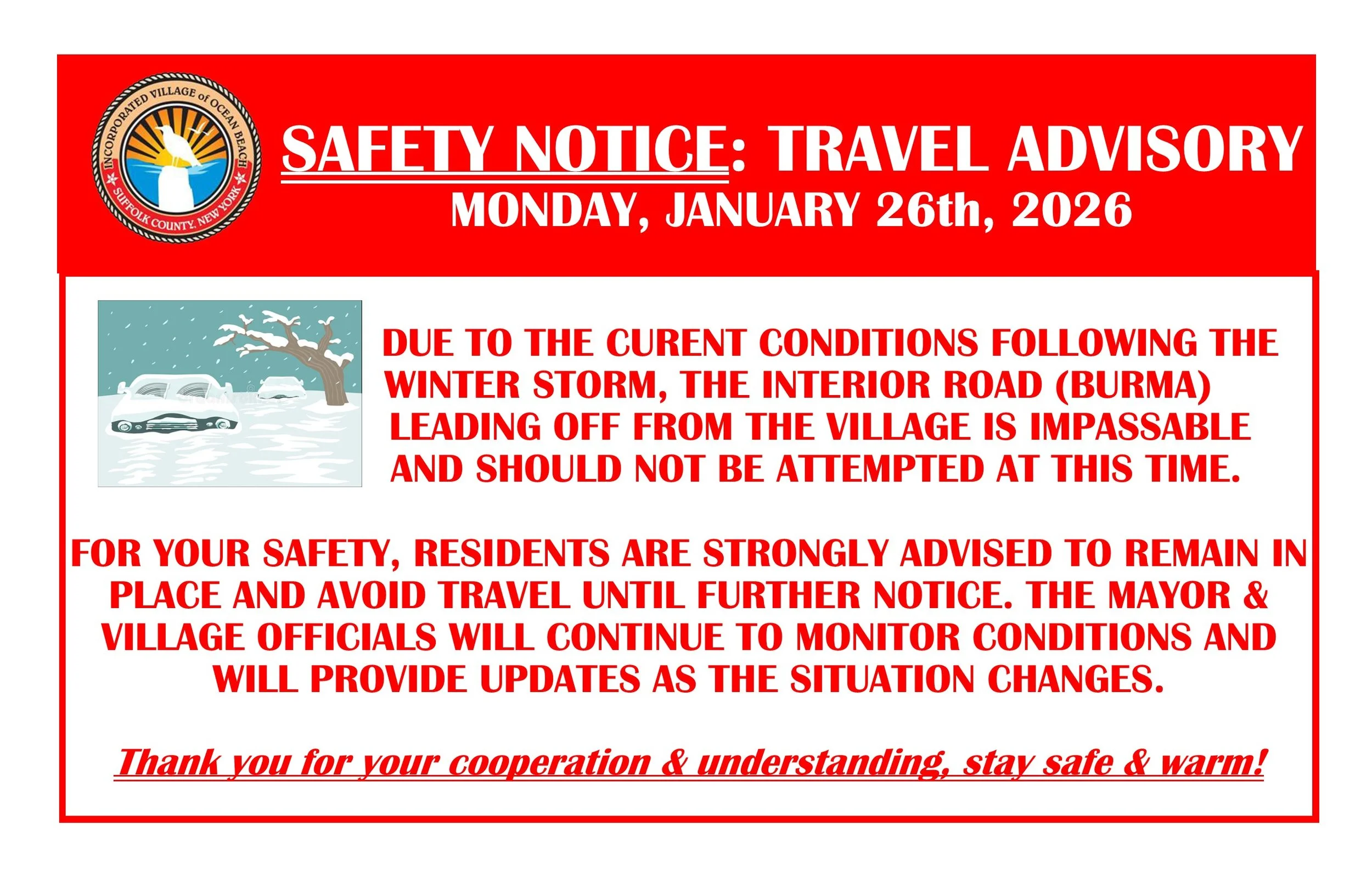 SAFETY NOTICE: TRAVEL ADVISORY 1/26/2026 — Village of Ocean Beach