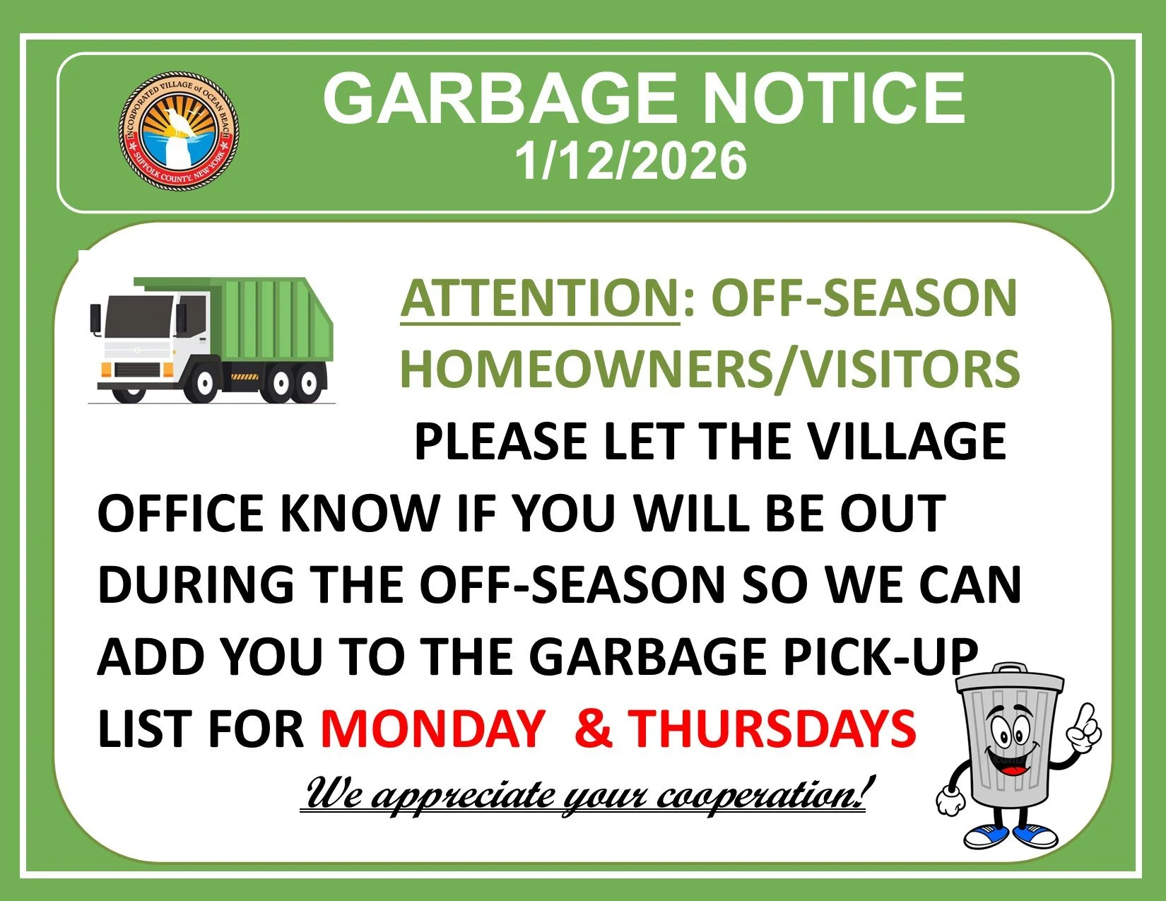 GARBAGE NOTICE - 1/12/2026 — Village of Ocean Beach