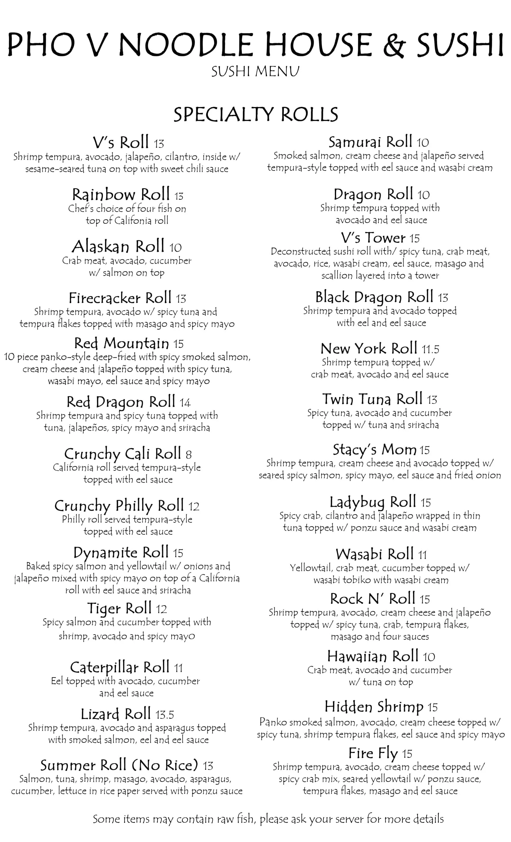 Amazing Pho V Noodle House Sushi Menu Pictures