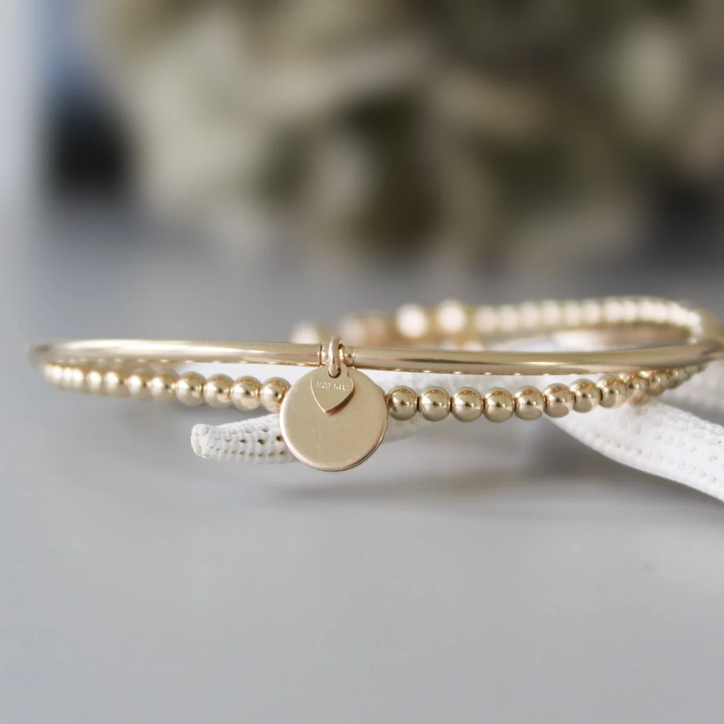 Gold filled double wrap bracelet with mini disc and heart — carolyn clare