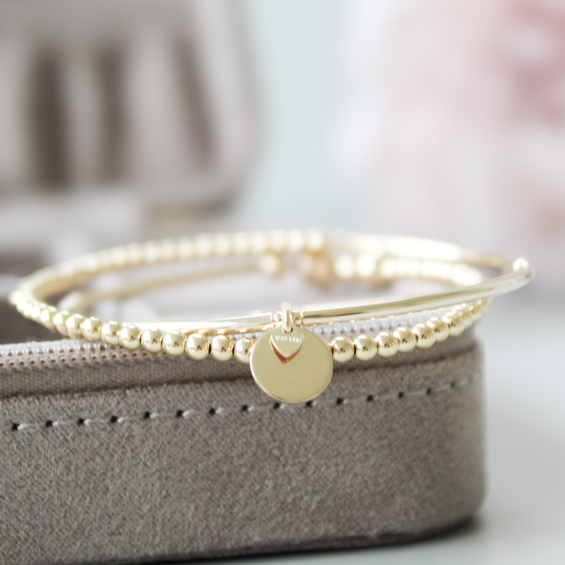 Gold filled double wrap bracelet with mini disc and heart — carolyn clare