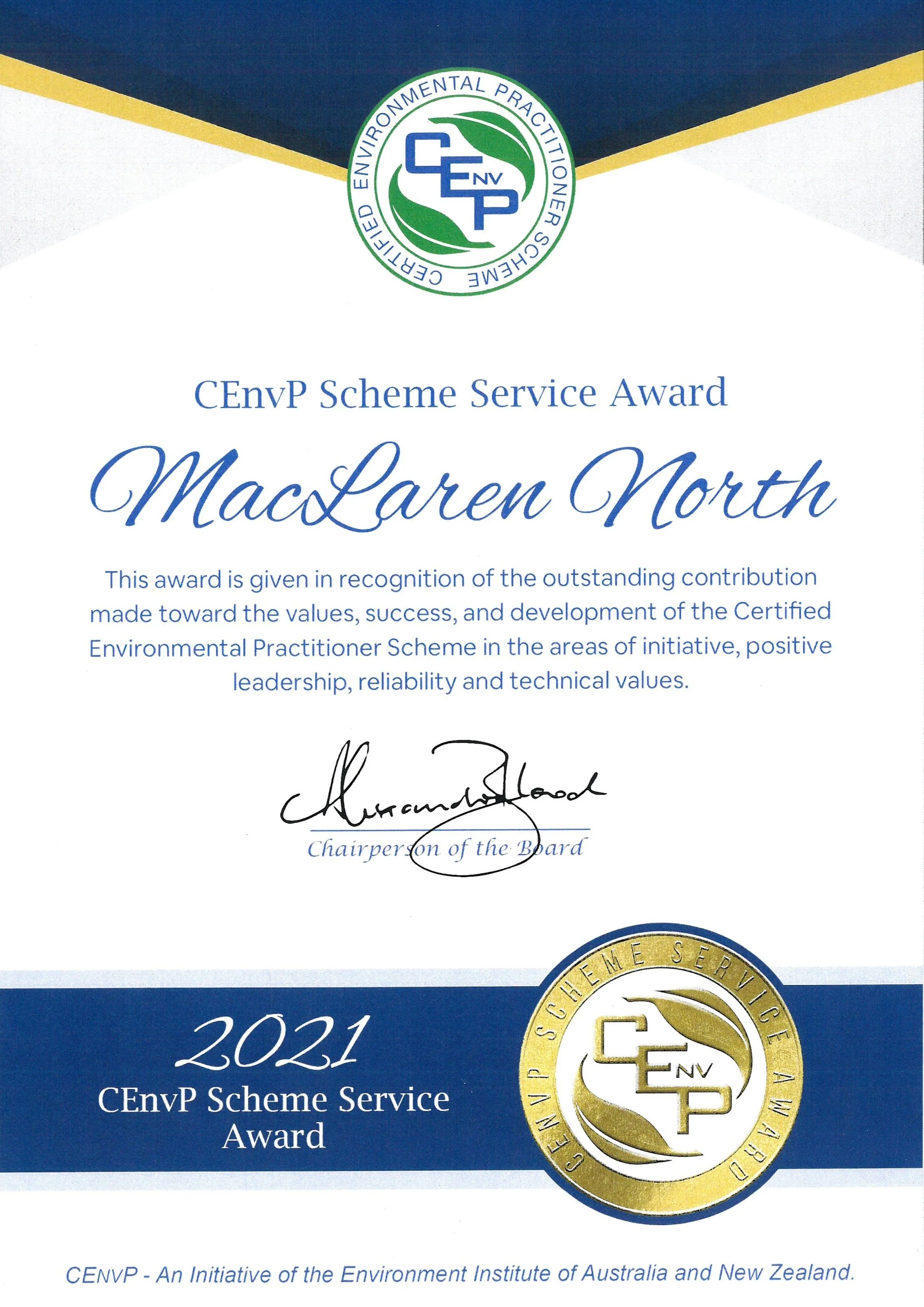 Dr MacLaren North receives CEnvP Scheme Service Award | Extent Heritage