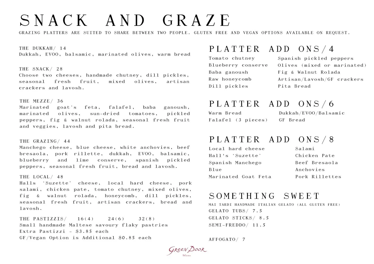 Cellar Door Menu — Green Door Wines