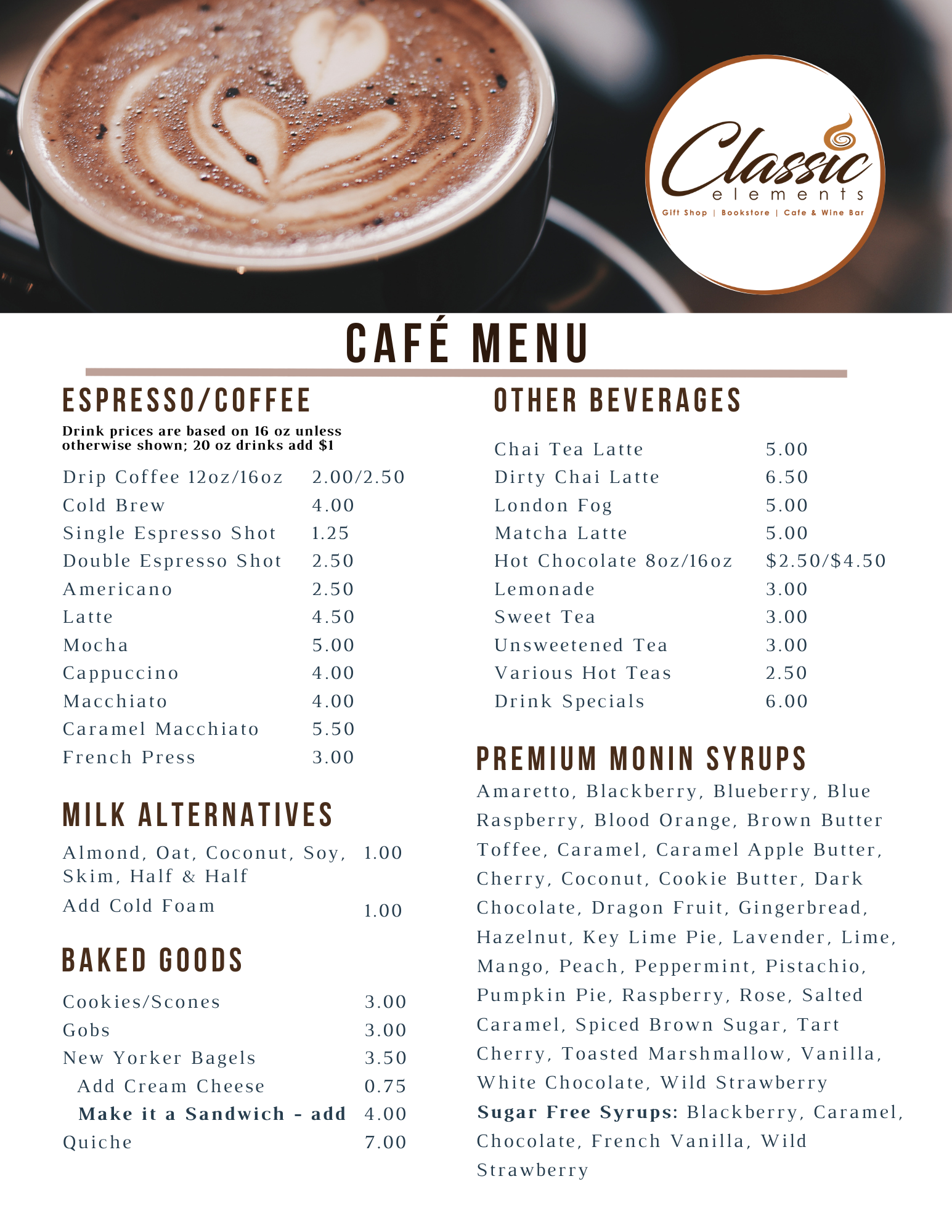 Cafe Menu — Classic Elements, Inc.