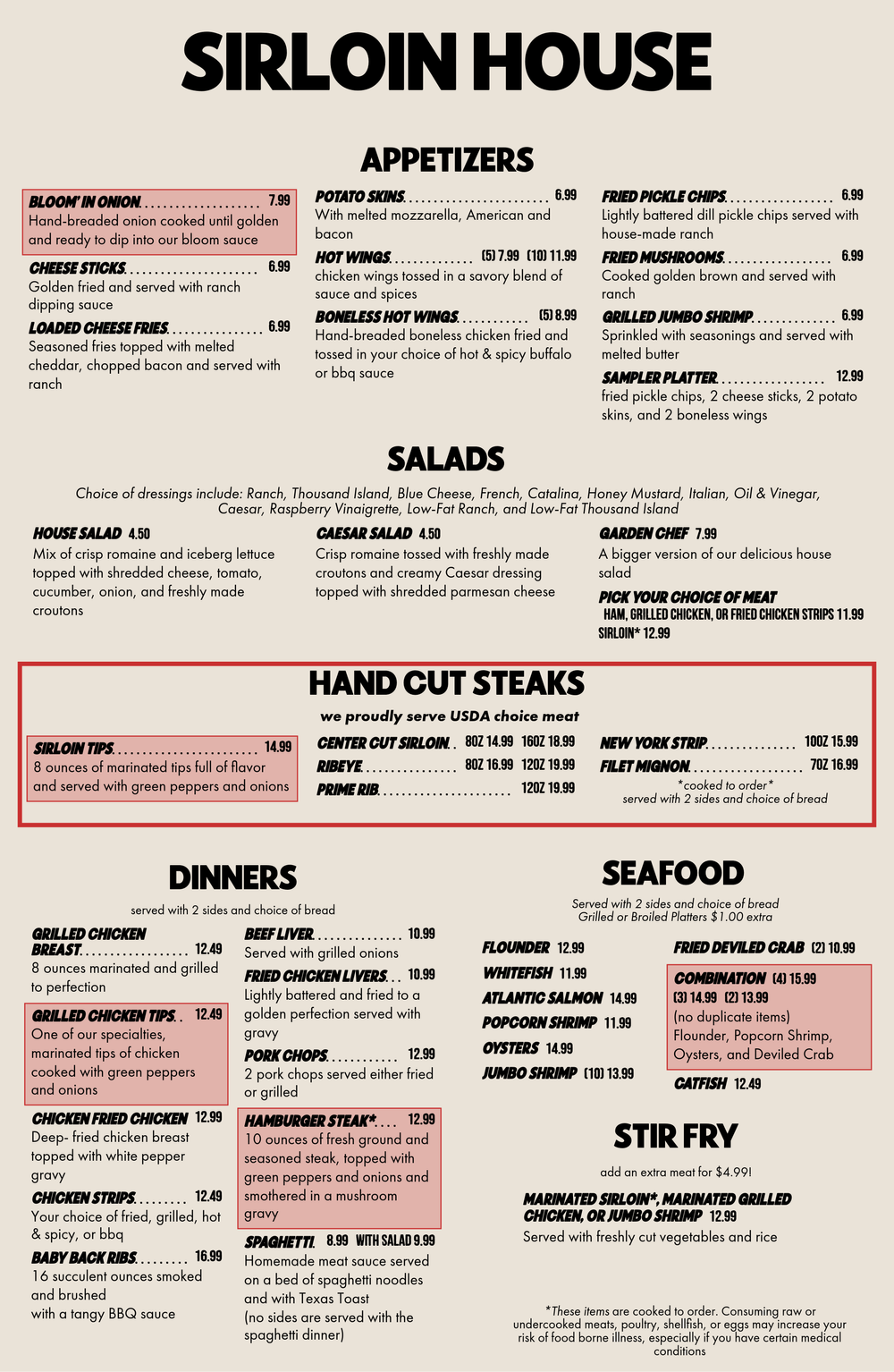 Sirloin House Restaurant menu — Sirloin House