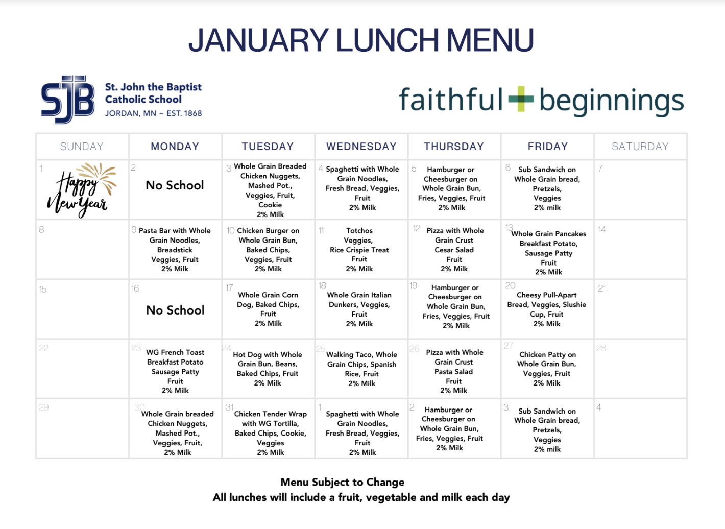 Lunch Menu — Saint John the Baptist Catholic School