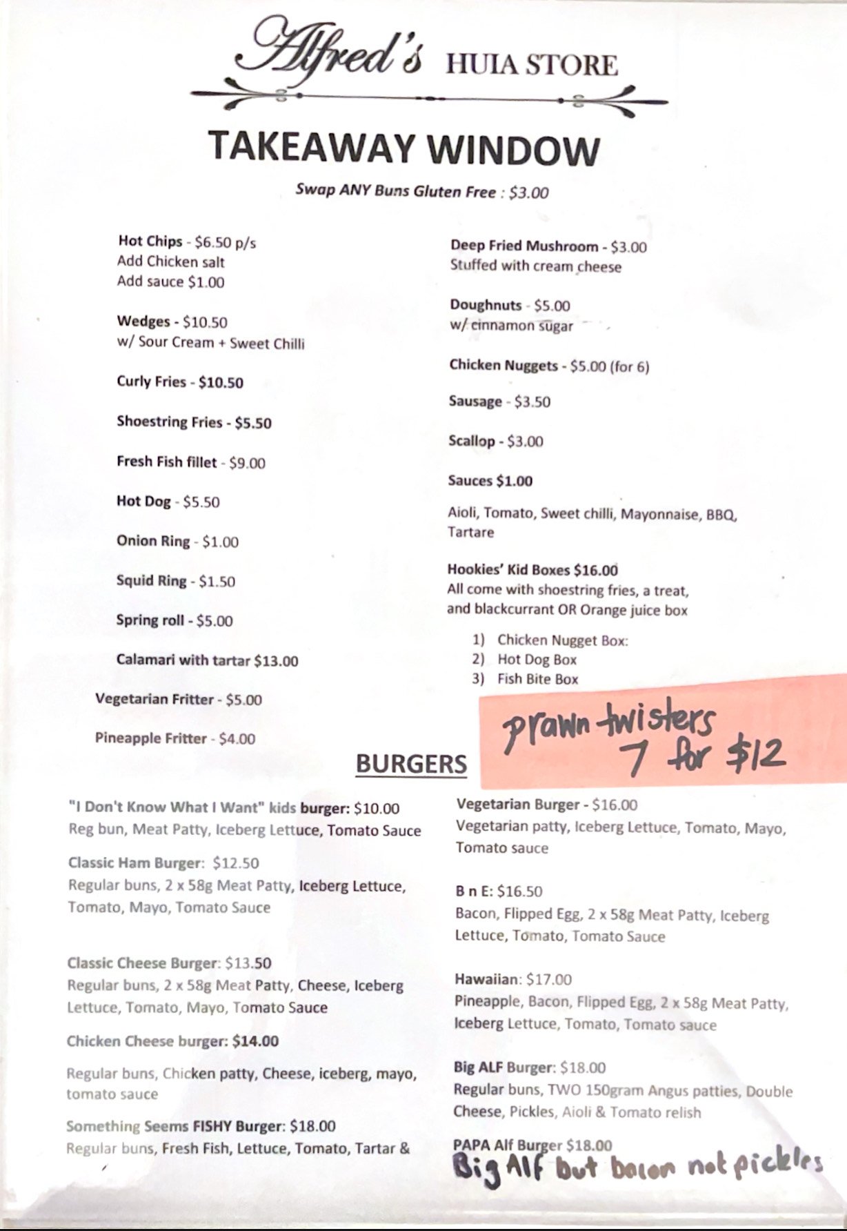 Menu — Alfred's Huia Store