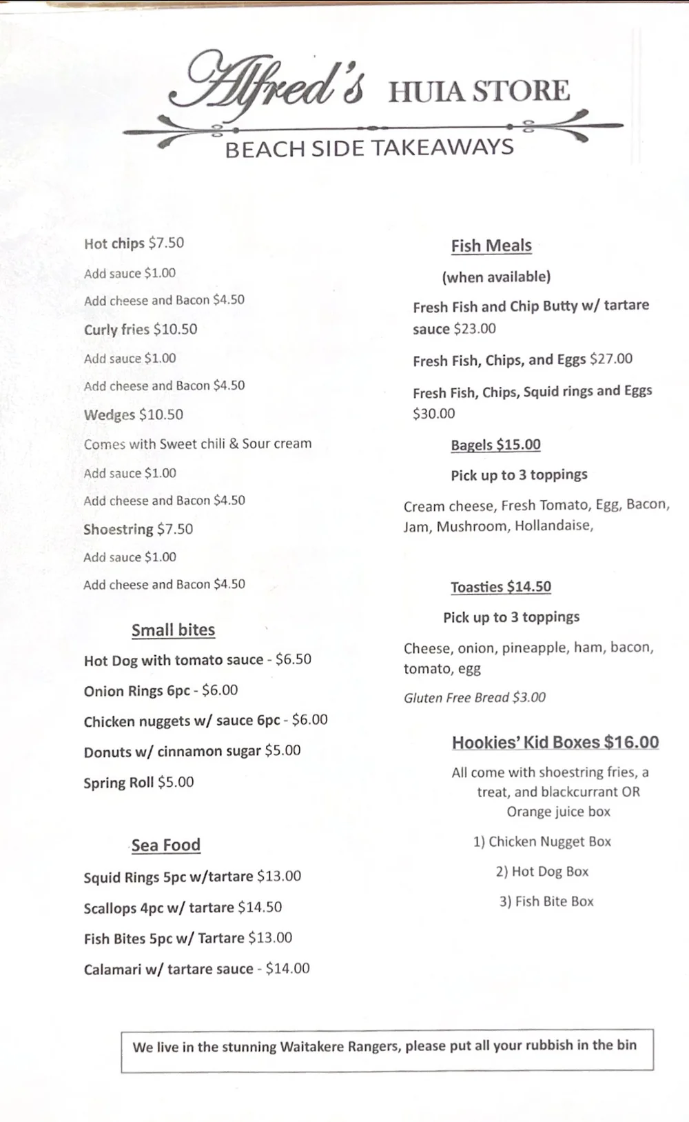 Menu — Alfred's Huia Store
