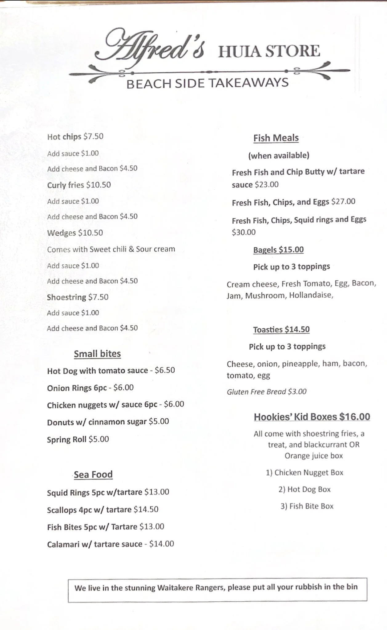 Menu — Alfred's Huia Store