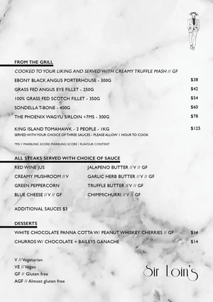 Menu — Sir loin's bar and grill