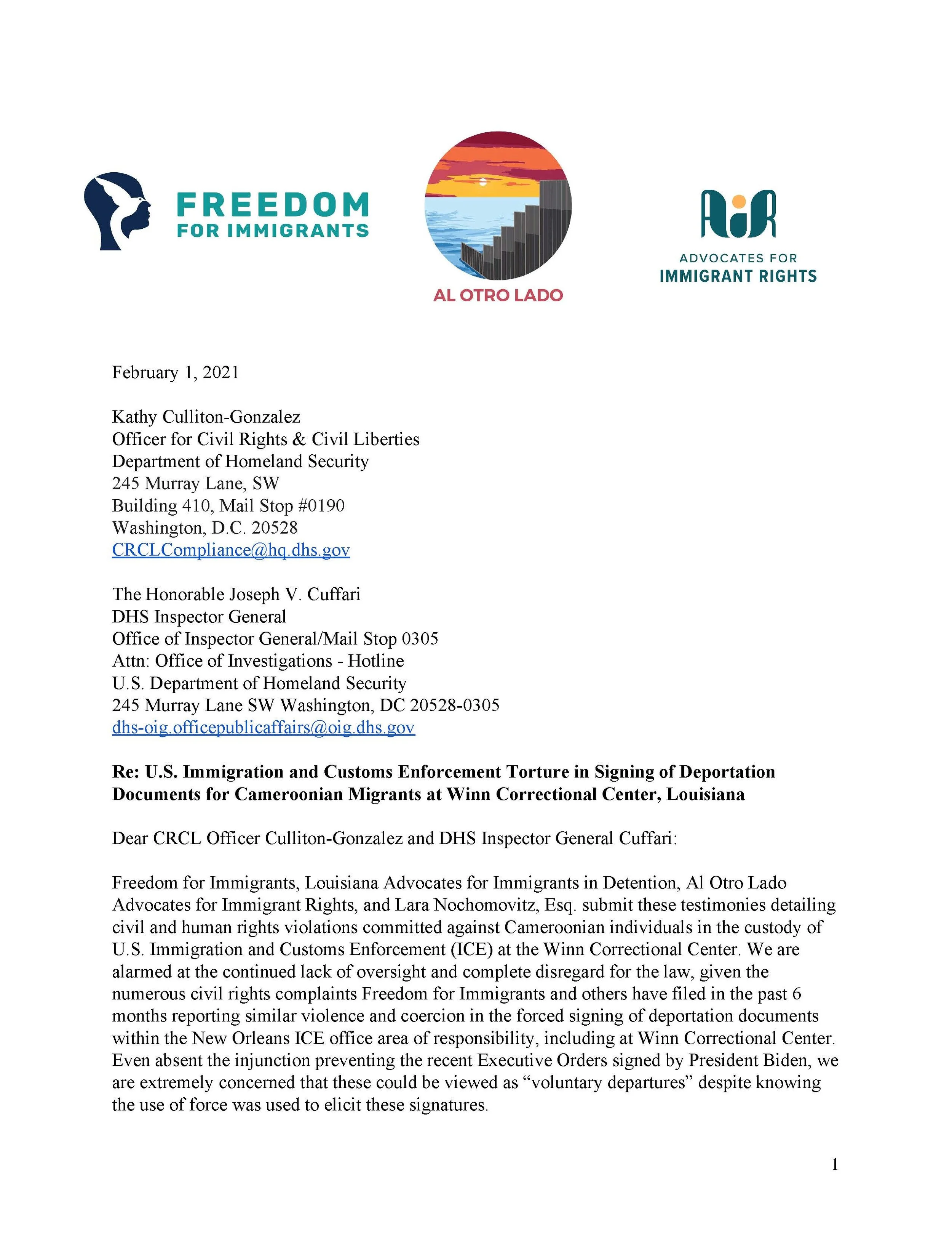 Complaint Against Louisiana Detainees Being Tortured into Signing ...