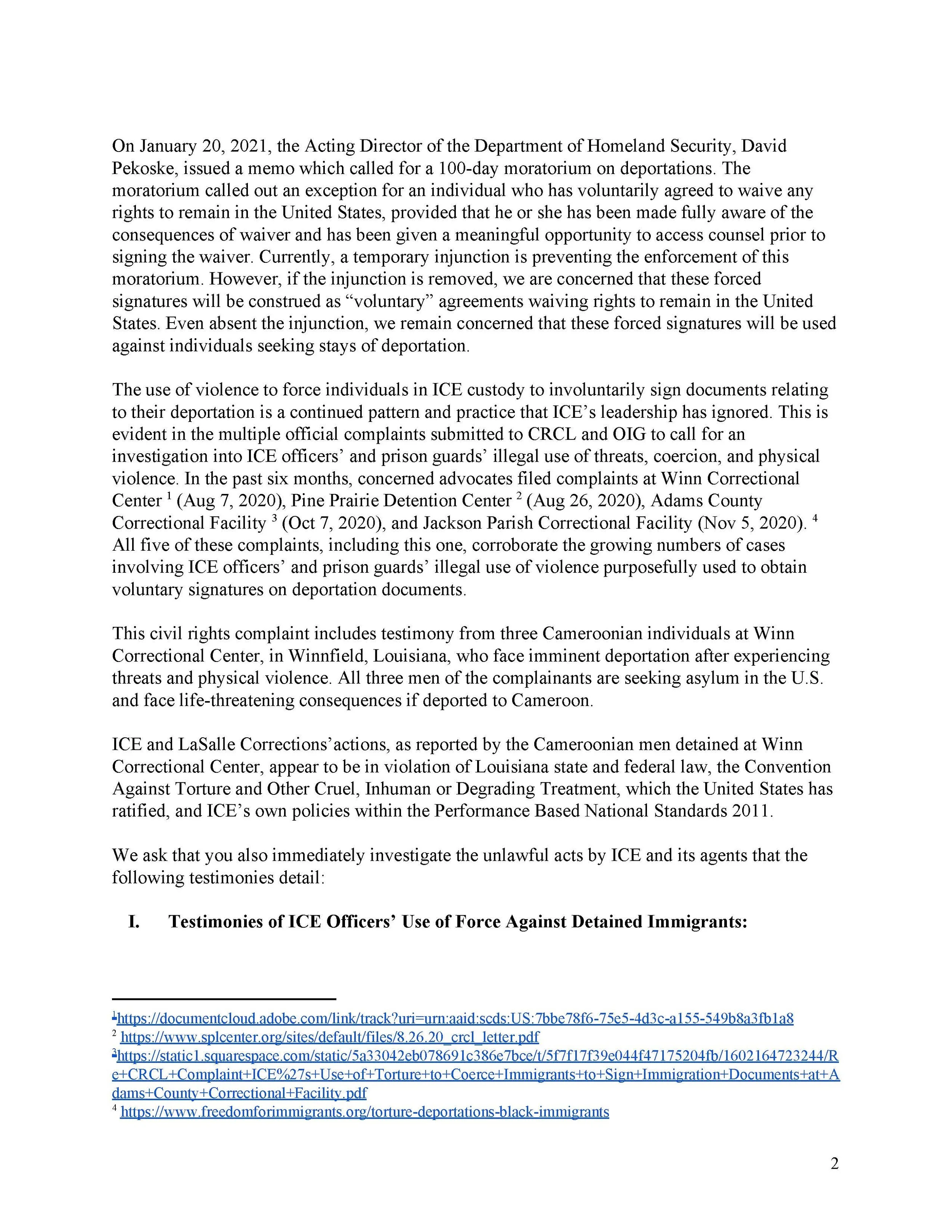 Complaint Against Louisiana Detainees Being Tortured into Signing ...