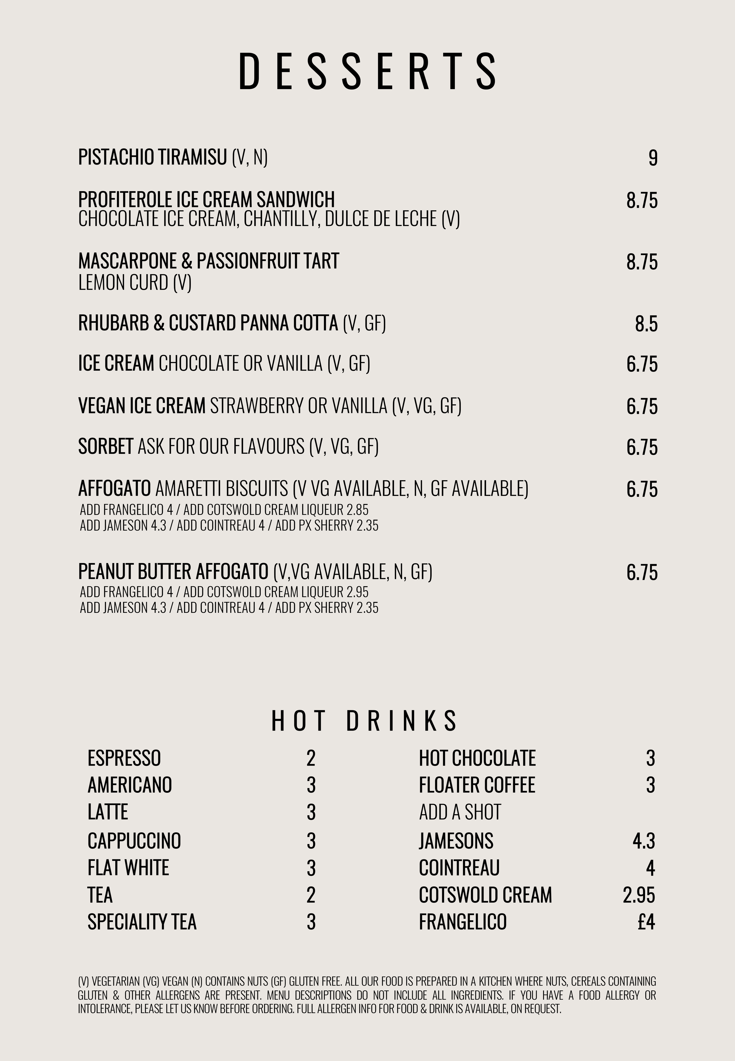 Menus — The Five Alls, Cheltenham