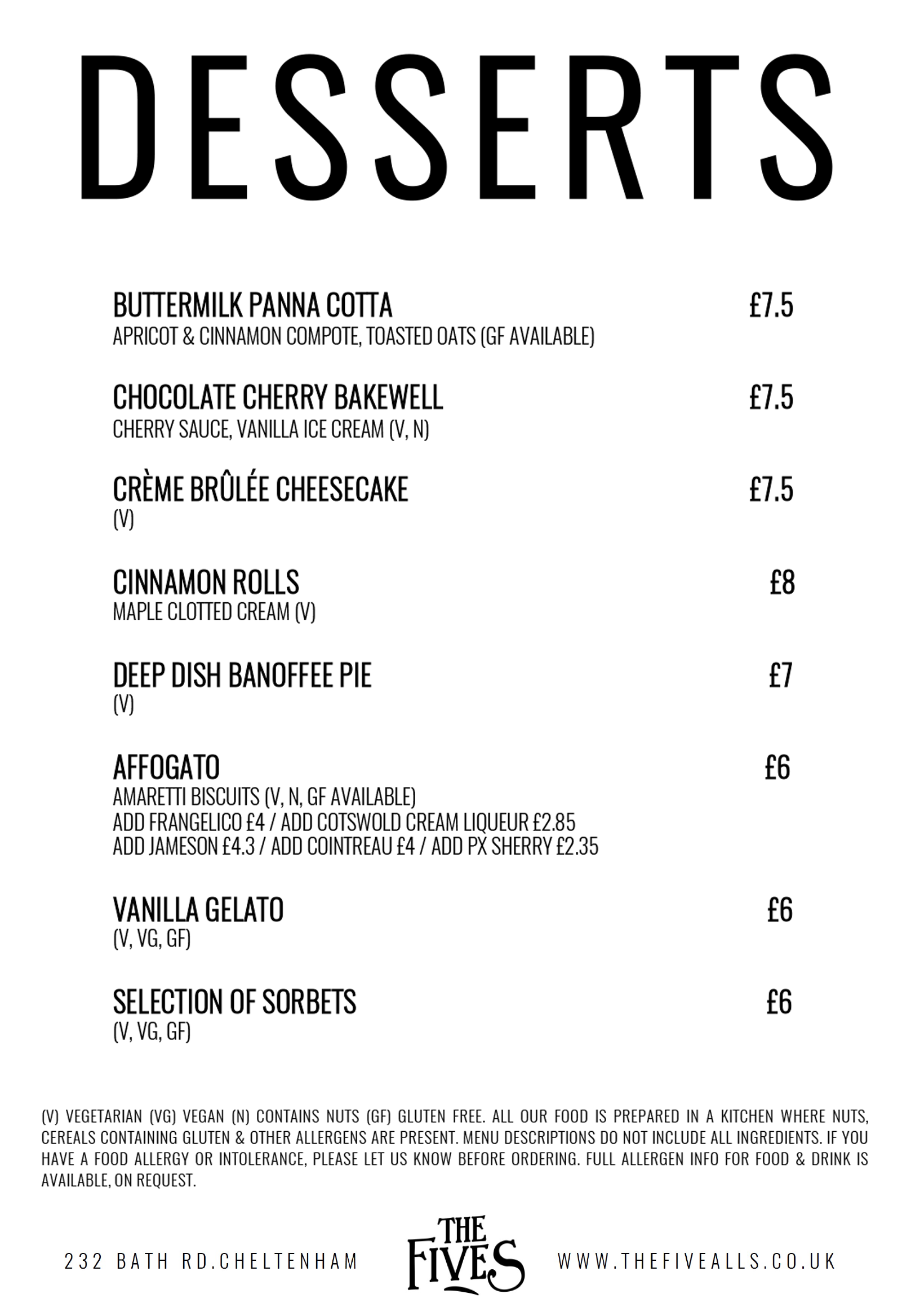 Menus — The Five Alls, Cheltenham