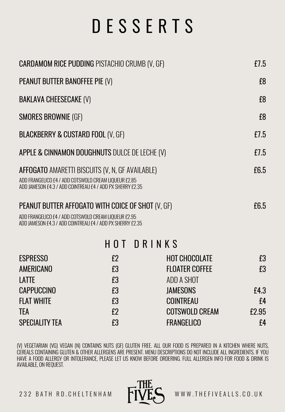 Menus — The Five Alls, Cheltenham
