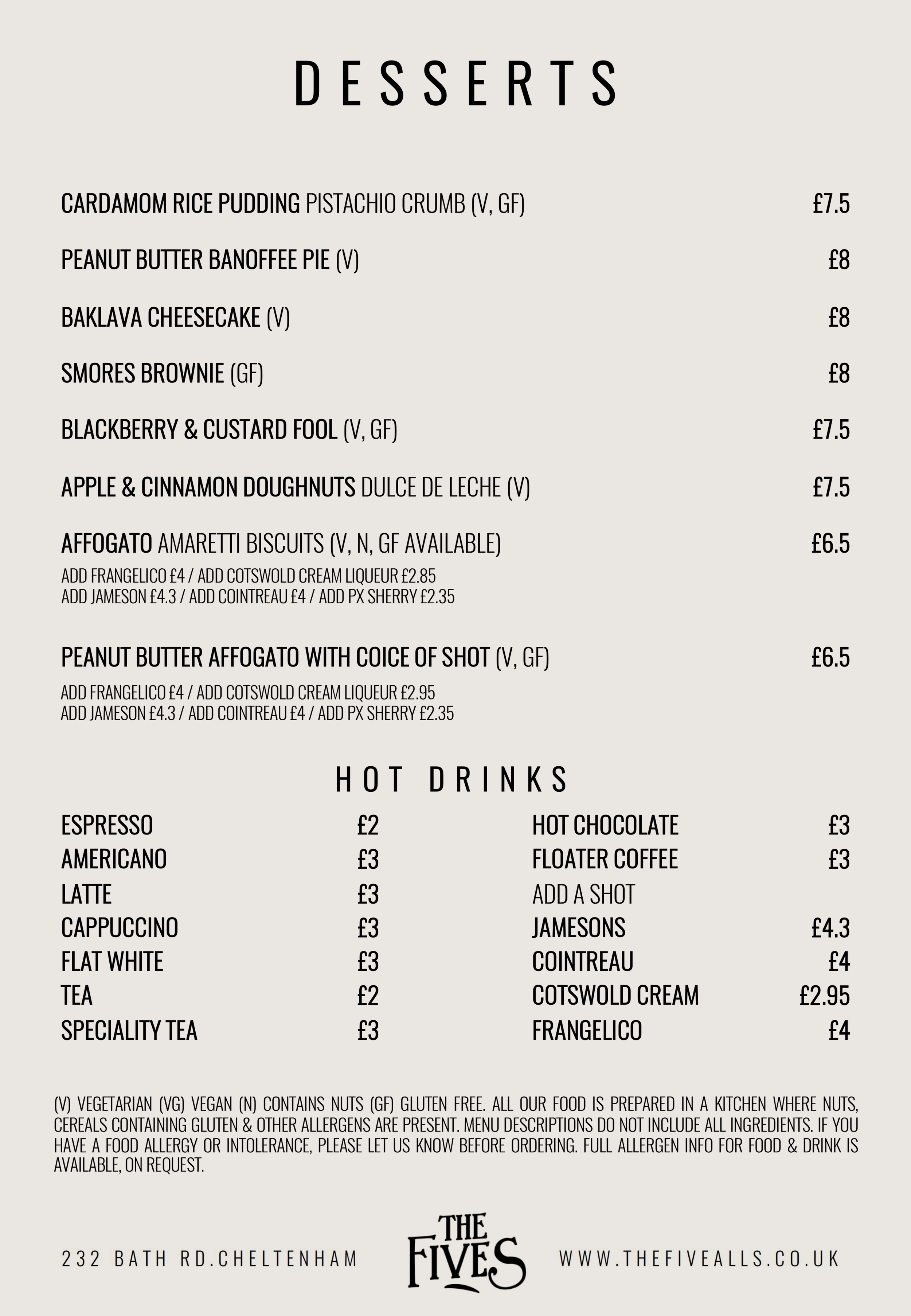 Menus — The Five Alls, Cheltenham