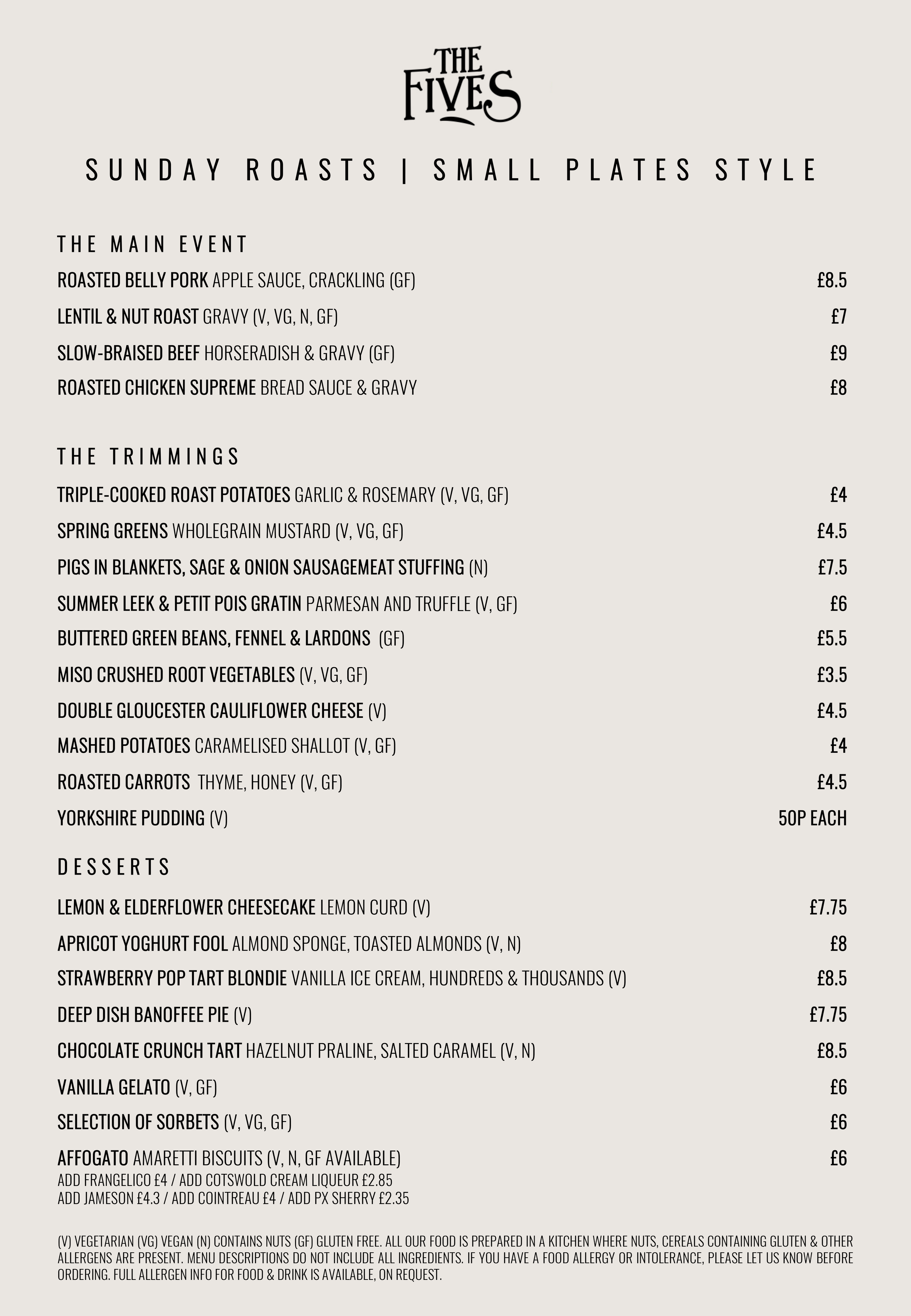 Menus — The Five Alls, Cheltenham