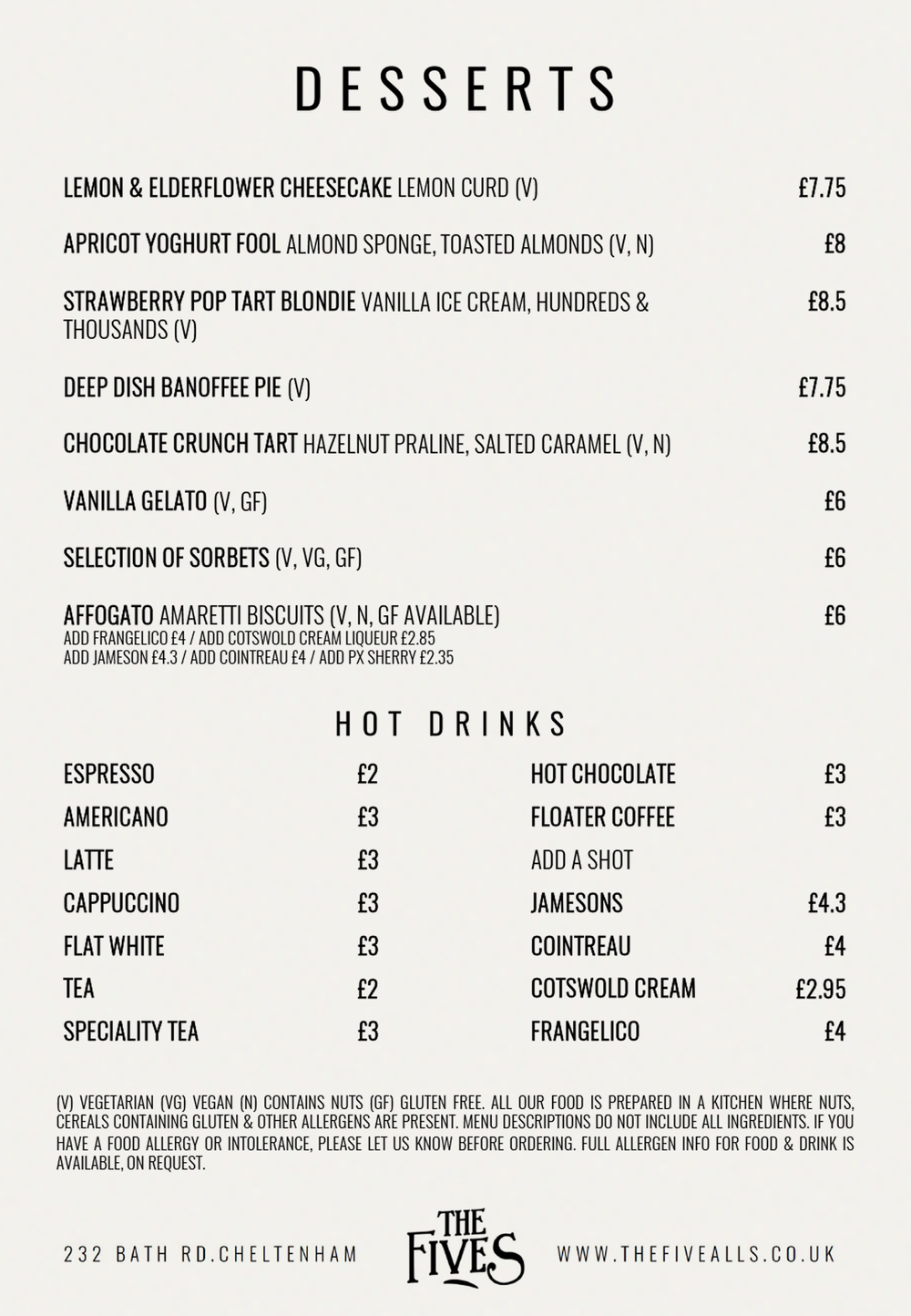 Menus — The Five Alls, Cheltenham