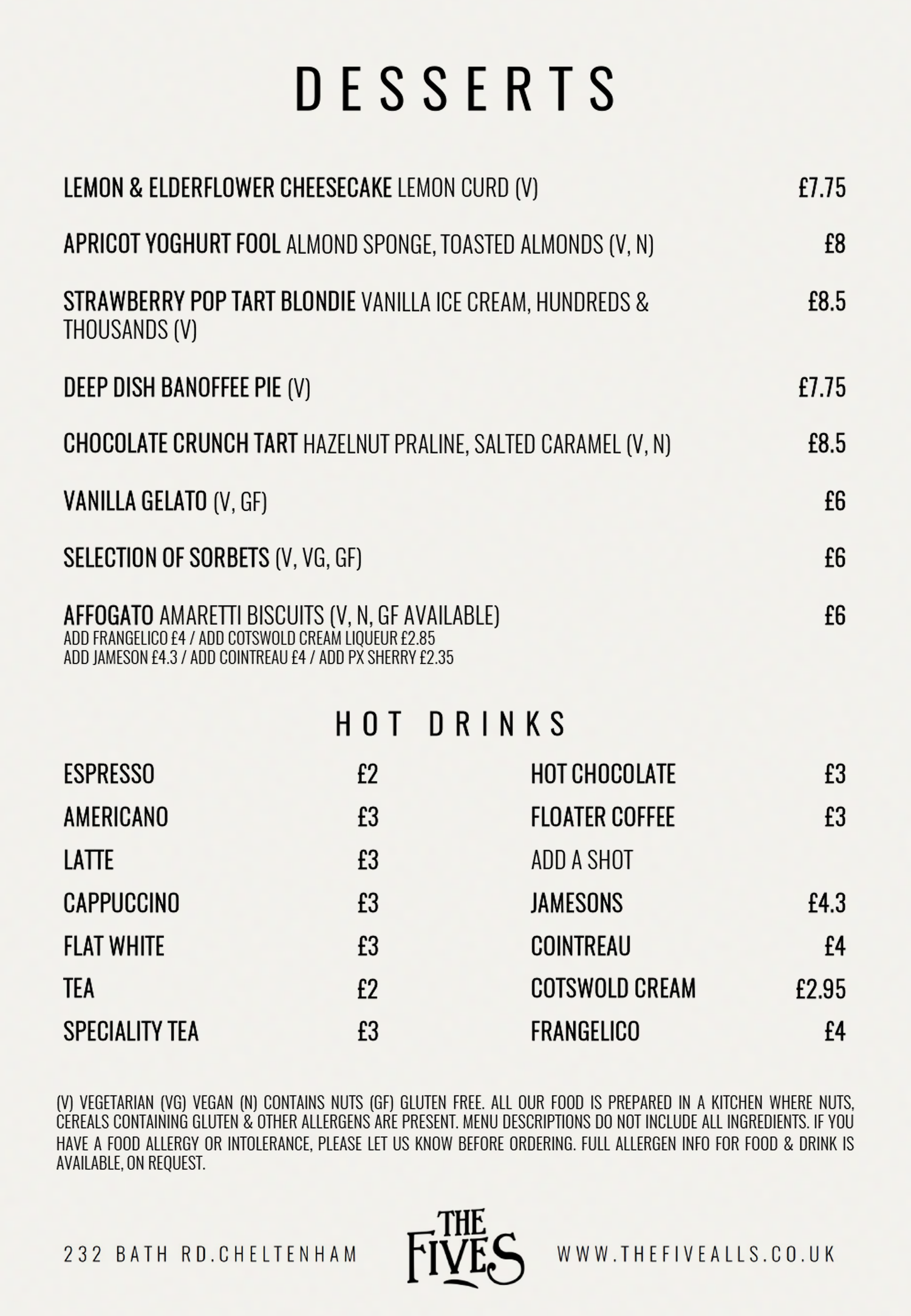Menus — The Five Alls, Cheltenham