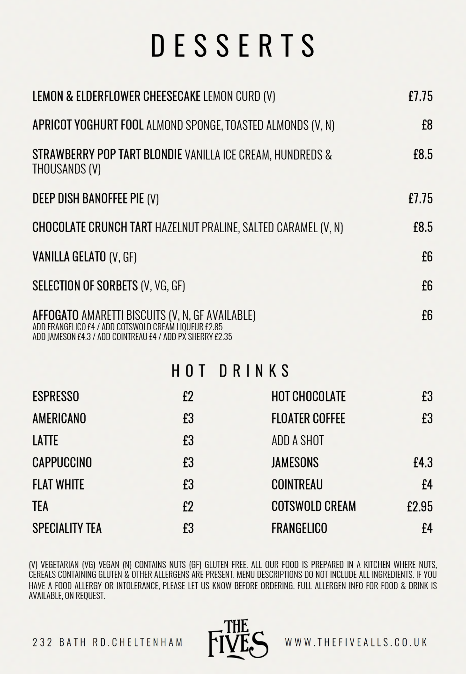 Menus — The Five Alls, Cheltenham